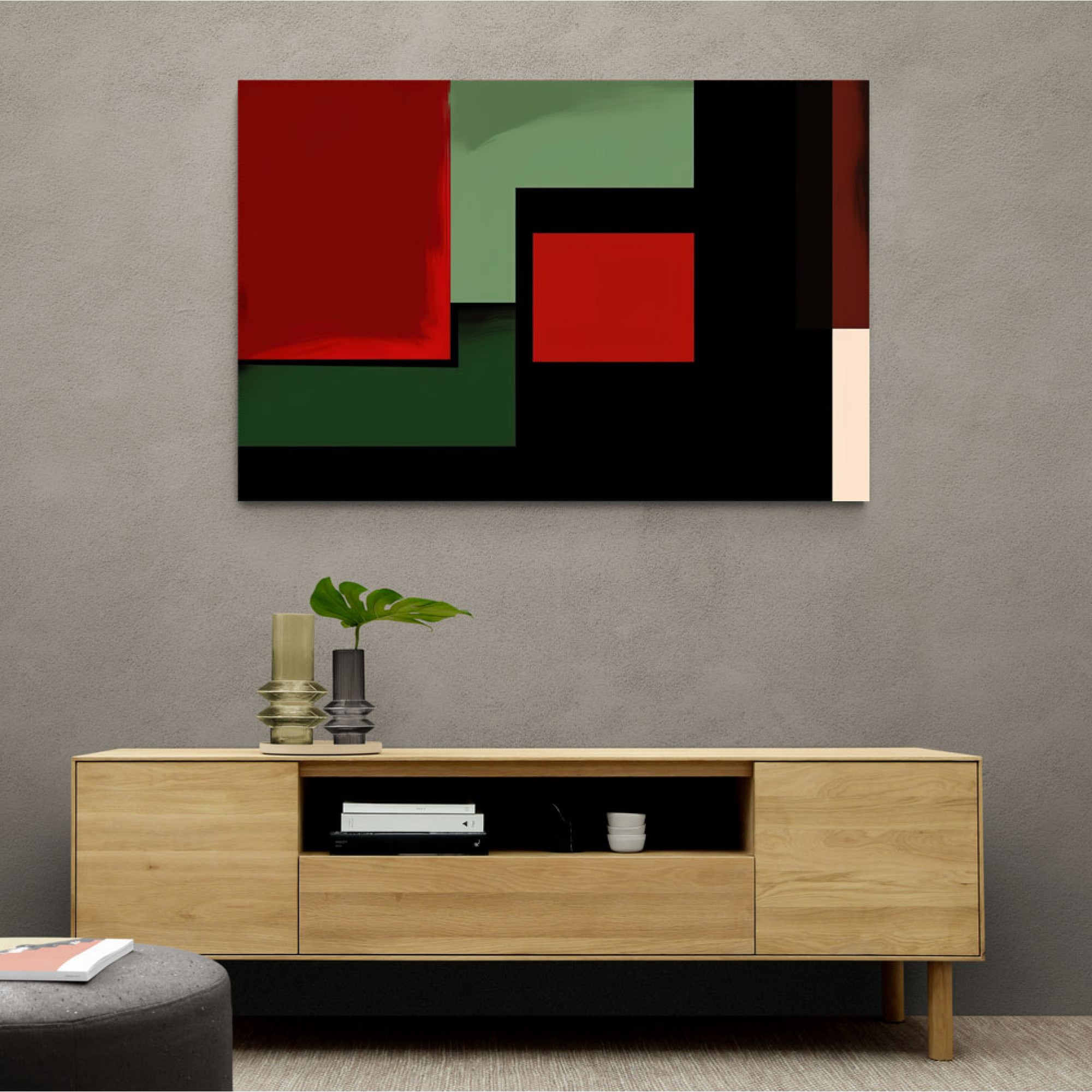 Black & Red, Green Abstract Squares In Rothko Style Wall Art