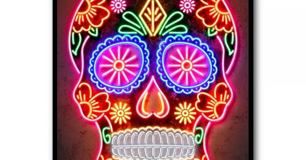 Day of the Dead Skull Neon Style Wall Art