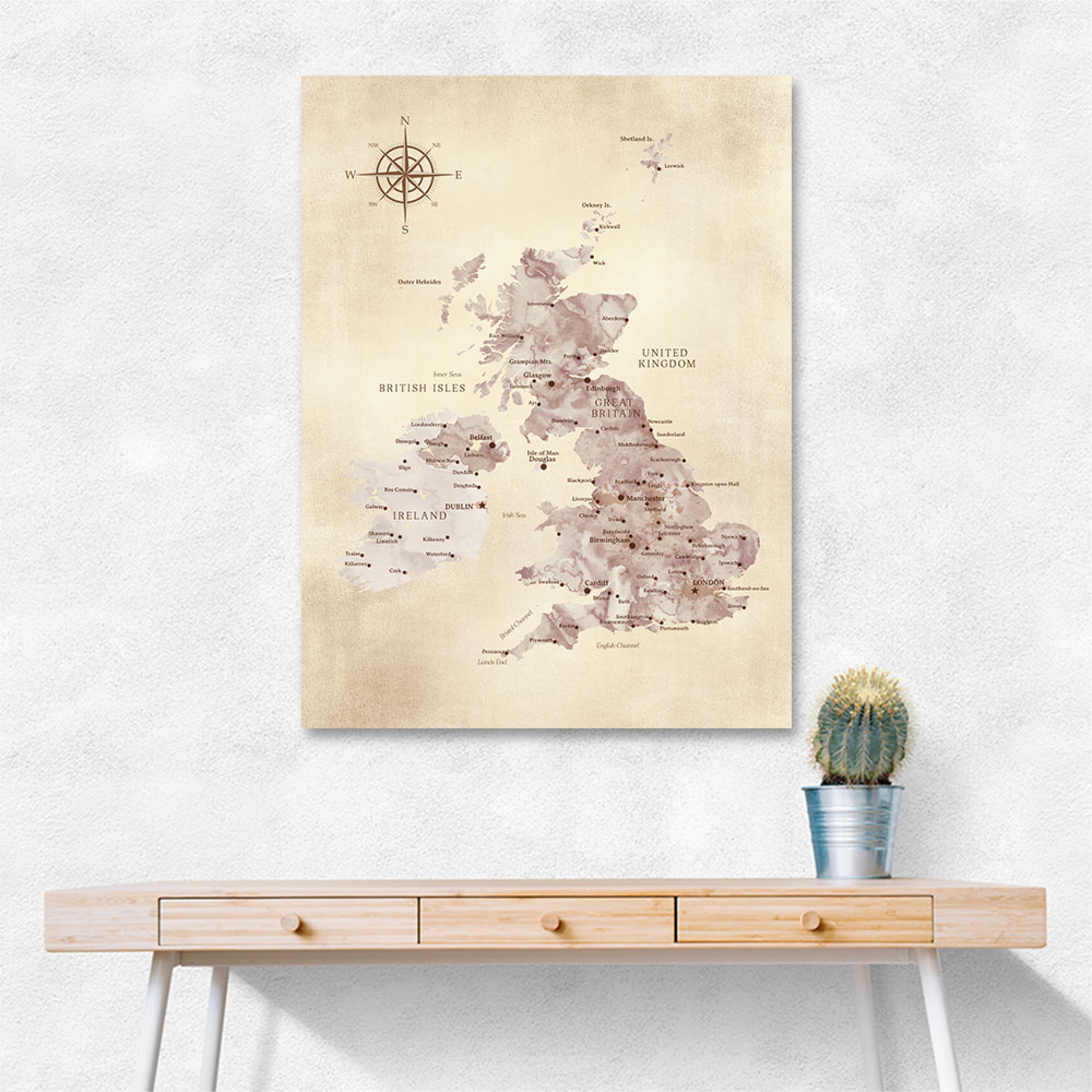 Sepia map of the United Kingdom Wall Art