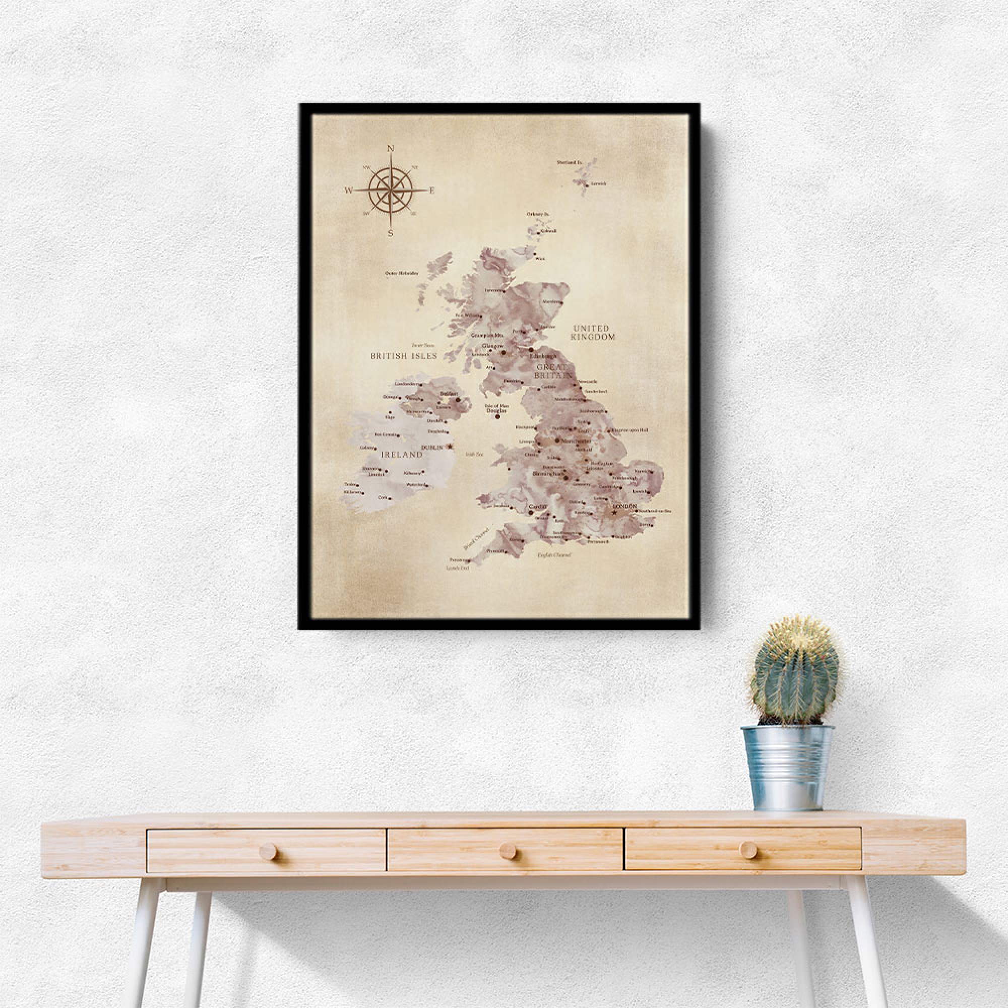 Sepia map of the United Kingdom Wall Art