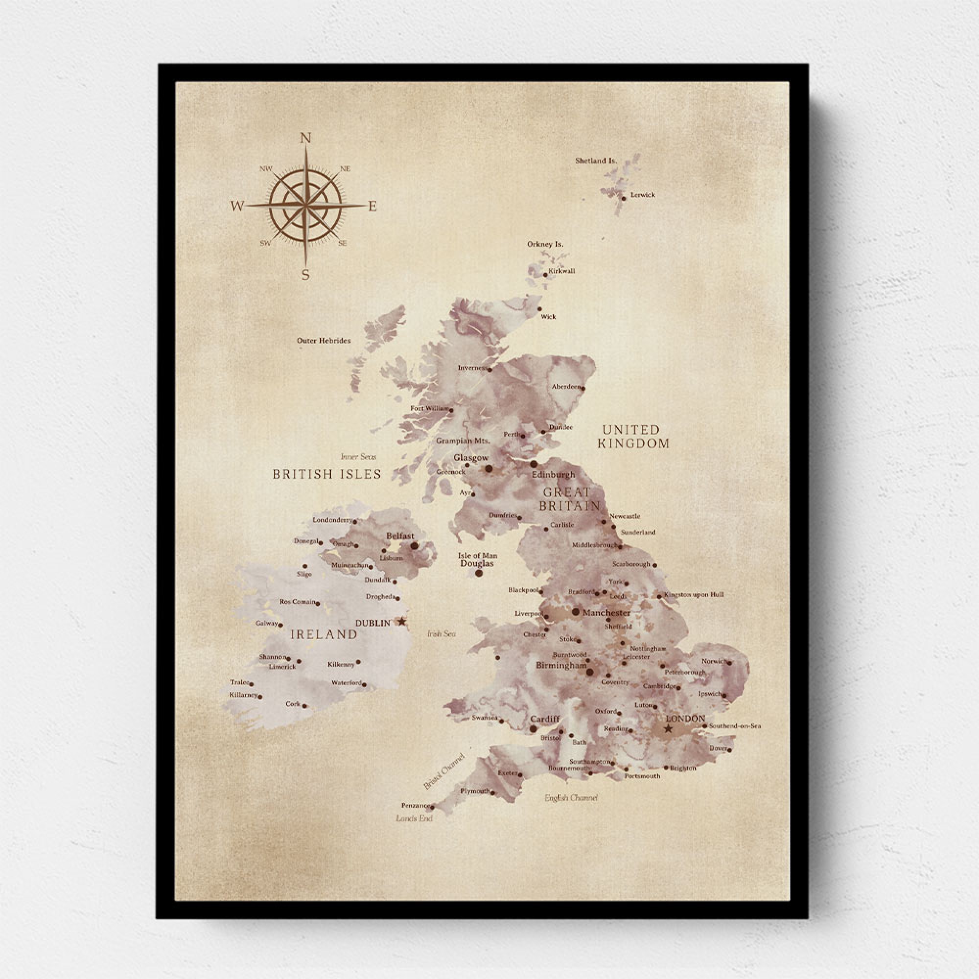 Sepia map of the United Kingdom Wall Art