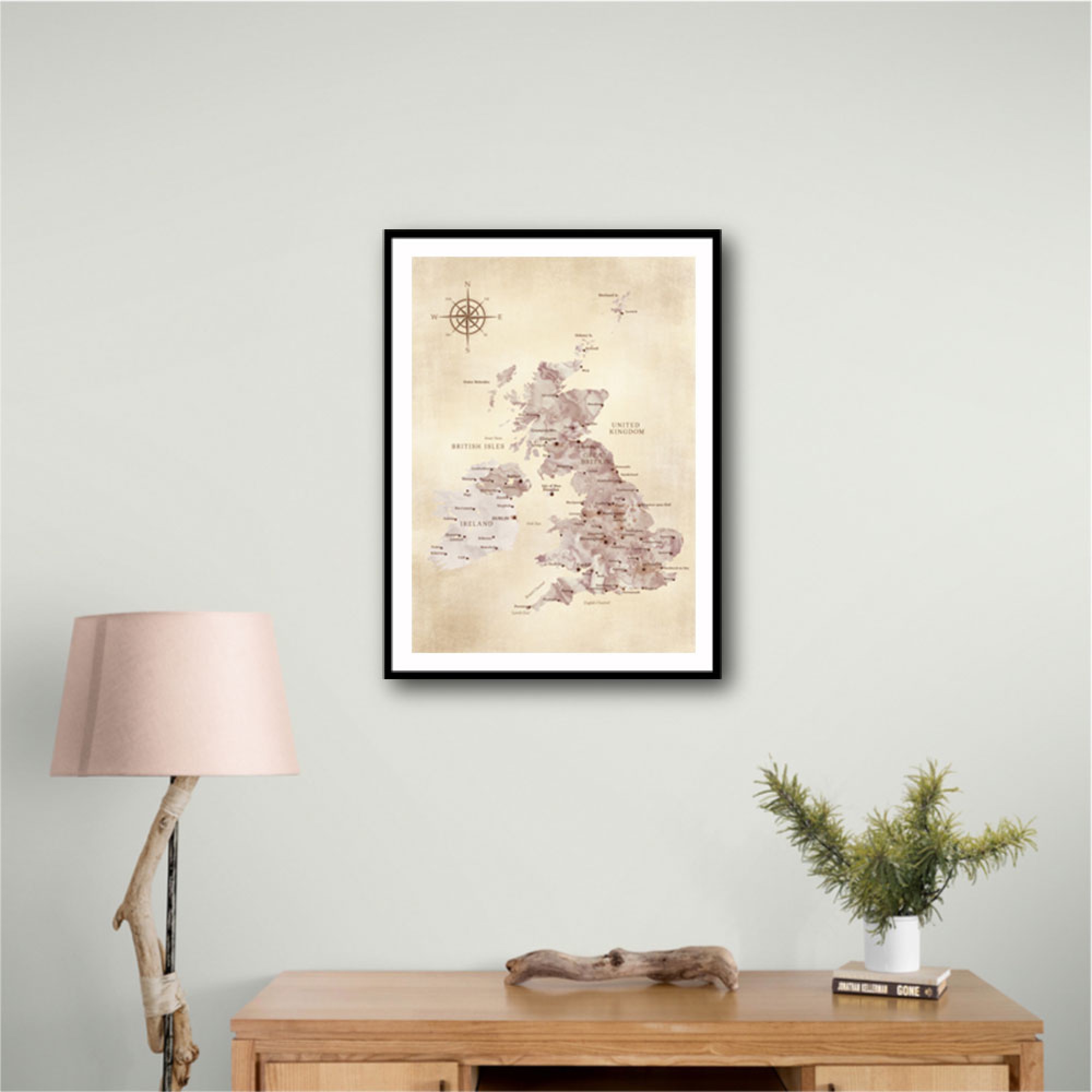Sepia map of the United Kingdom Wall Art
