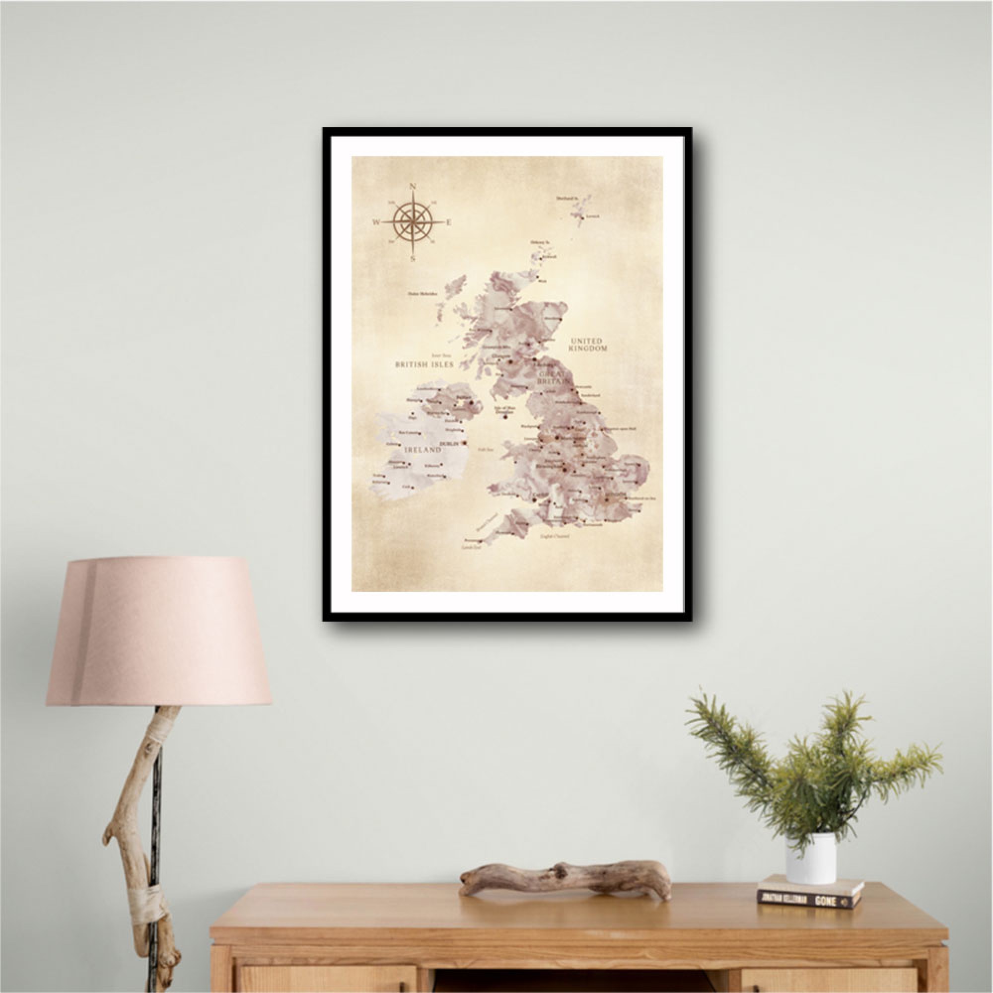 Sepia map of the United Kingdom Wall Art