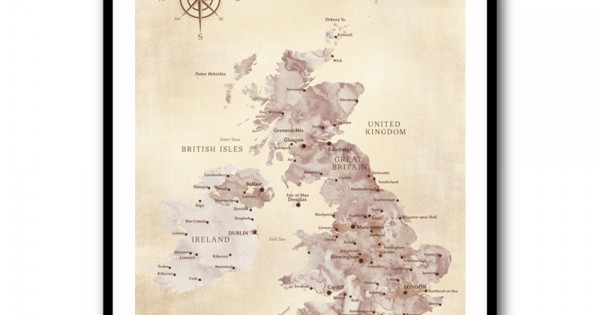 Sepia map of the United Kingdom Wall Art