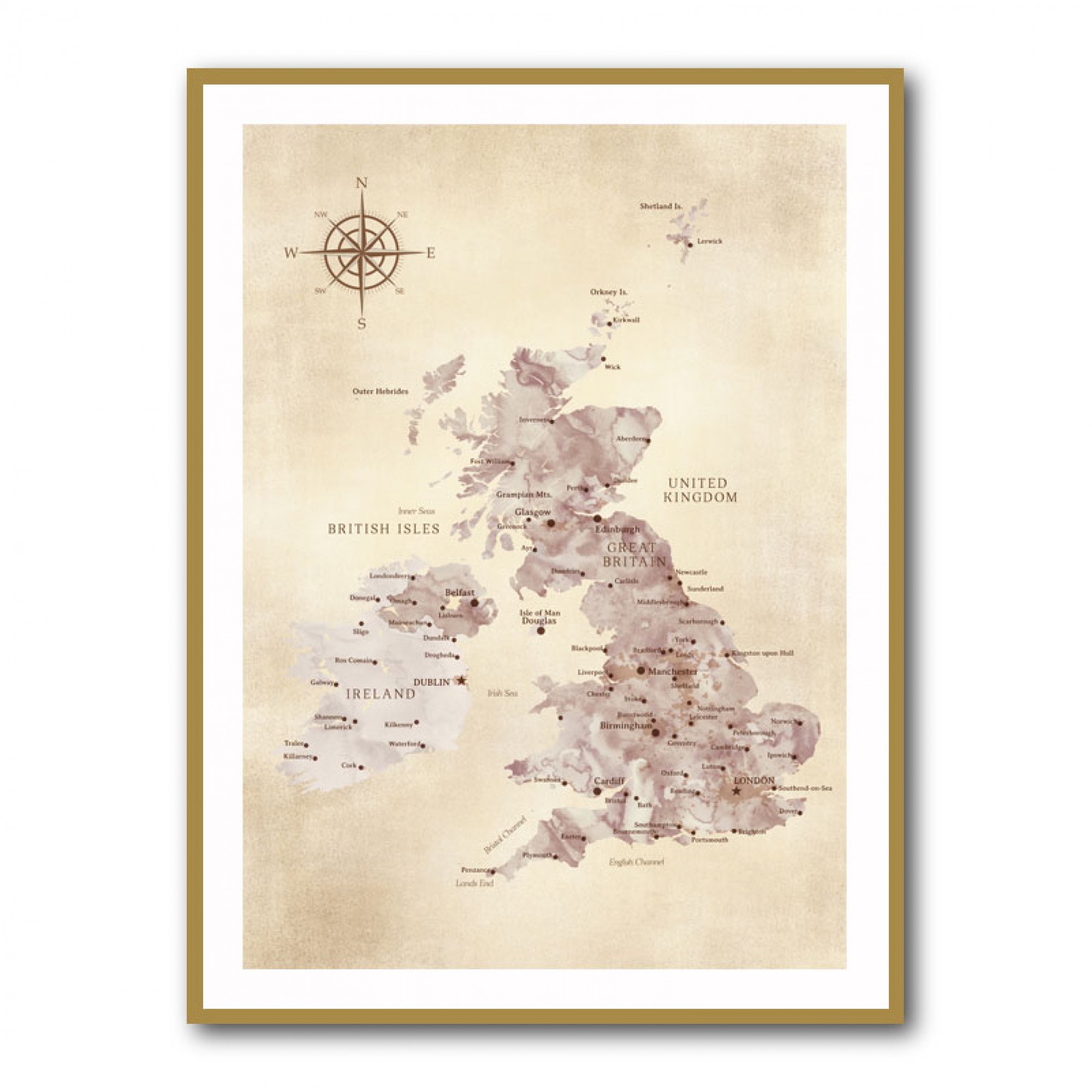 Sepia map of the United Kingdom Wall Art
