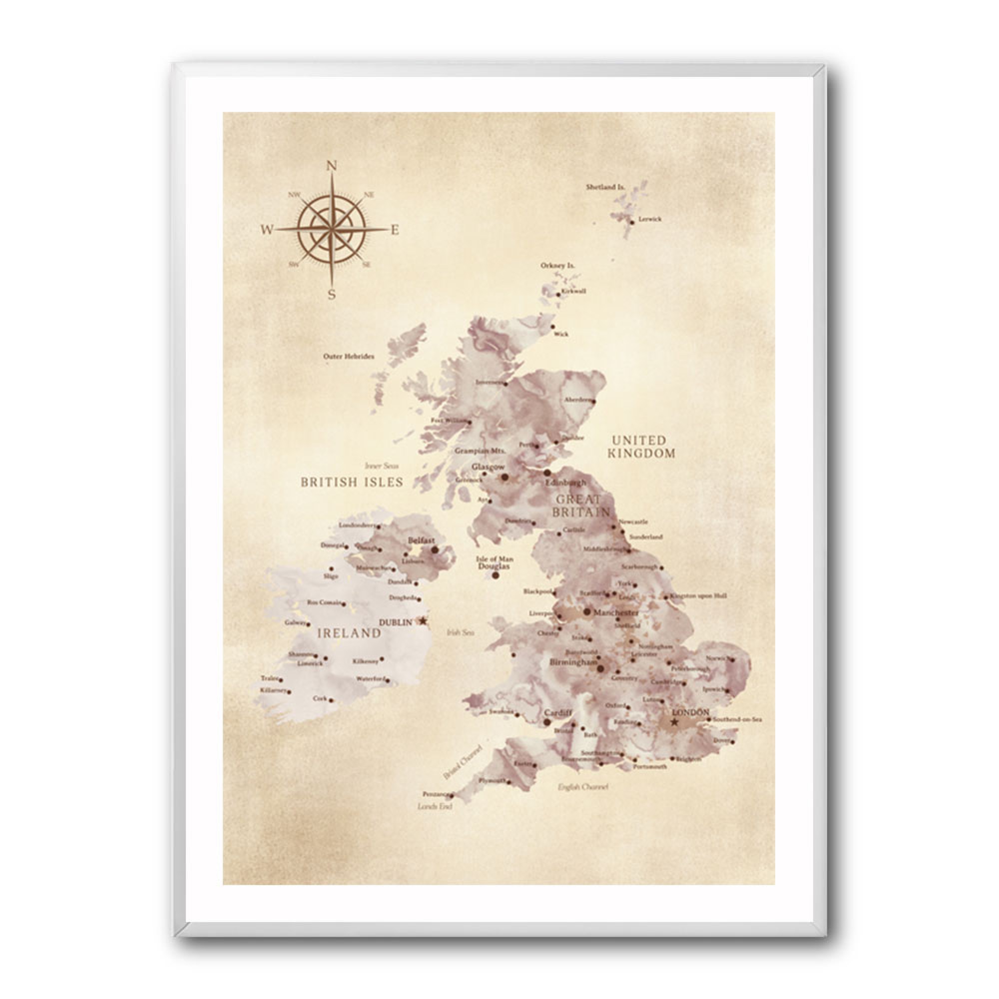 Sepia map of the United Kingdom Wall Art