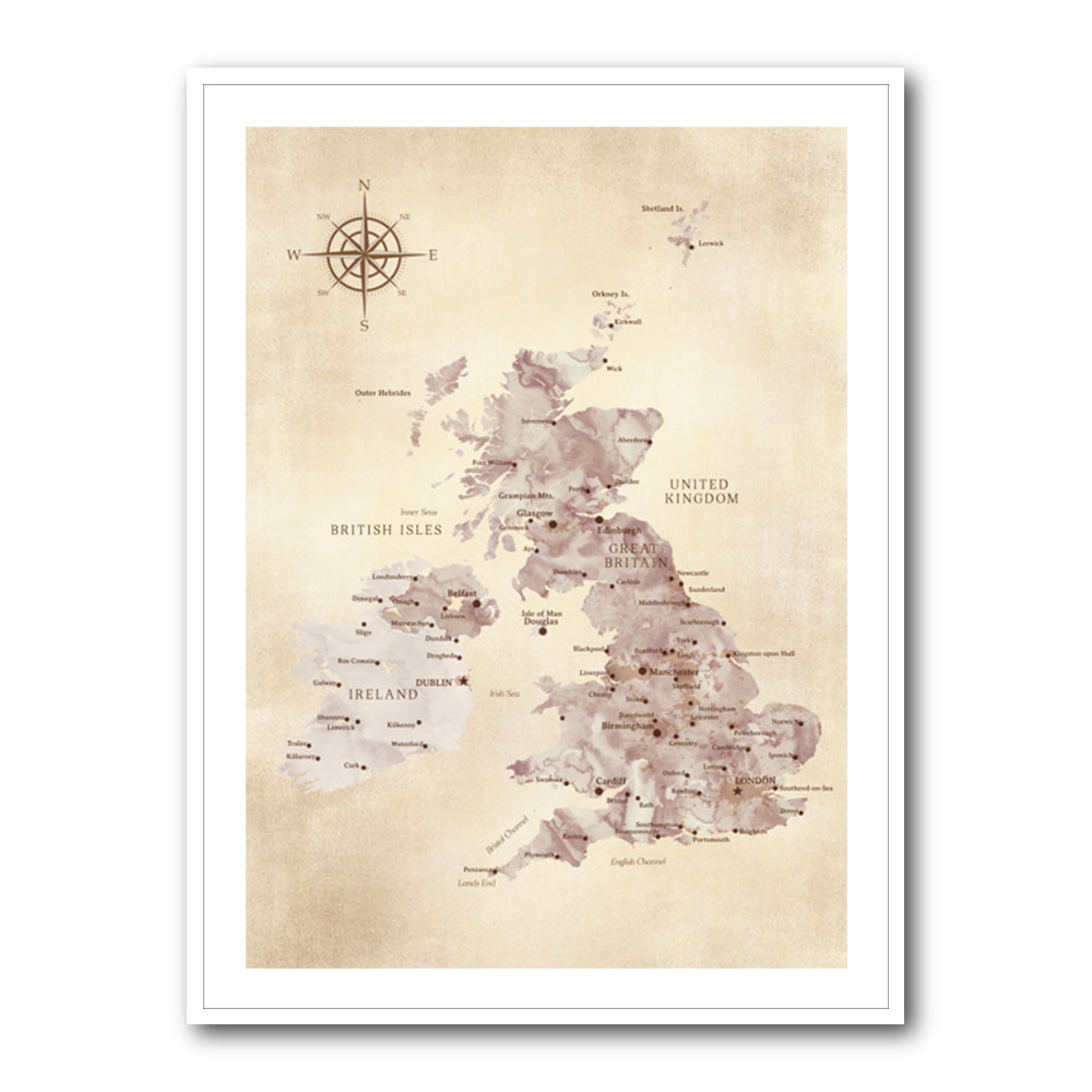 Sepia map of the United Kingdom Wall Art