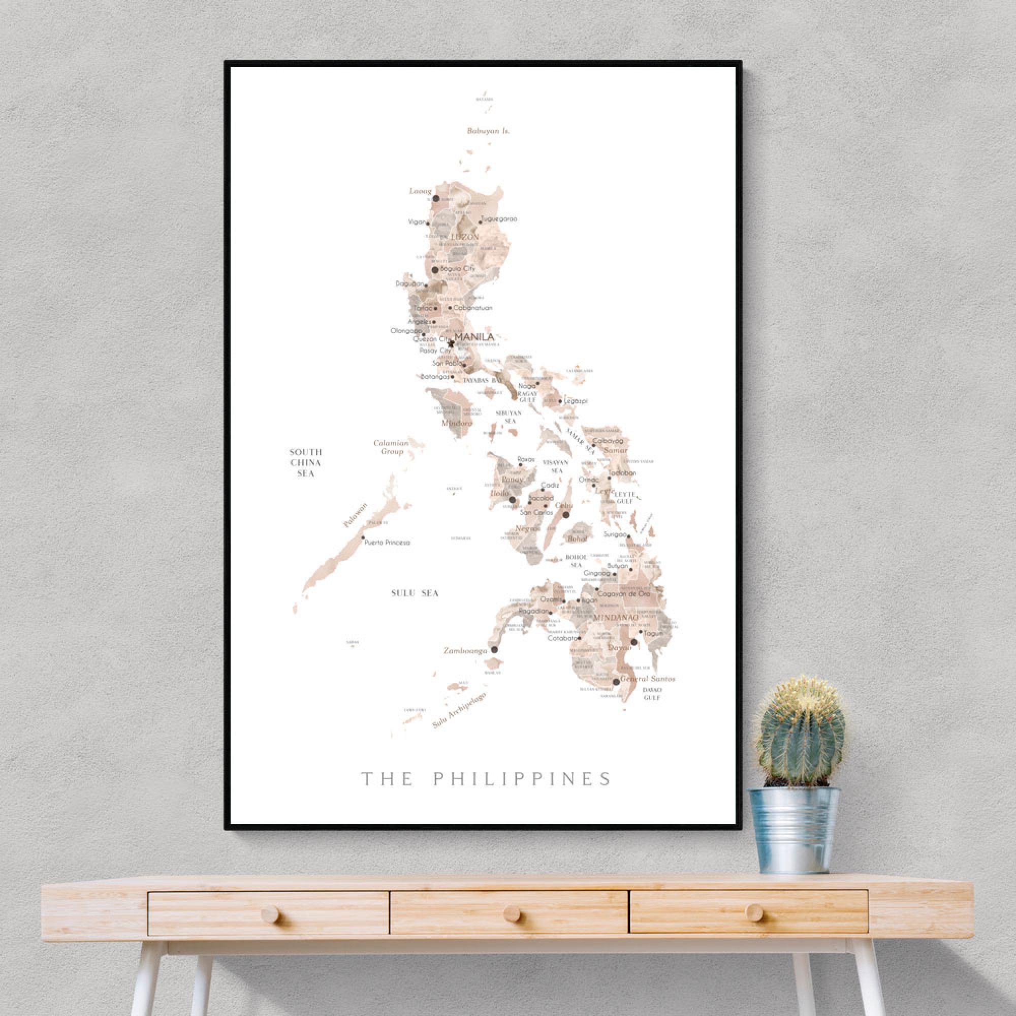 Taupe watercolor map of Philippines Wall Art