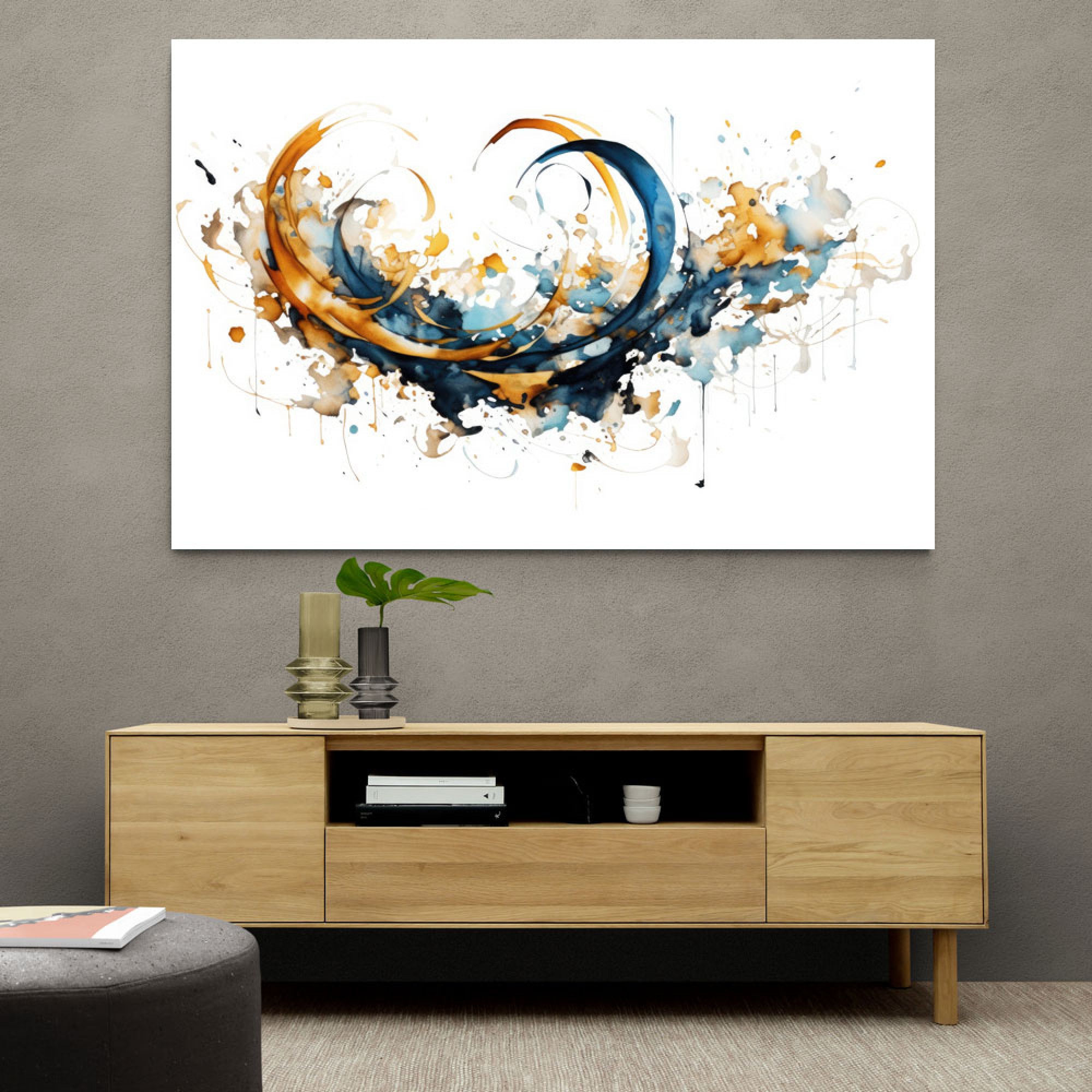 Abstract Blue and Golds Calligraphy Wall Art