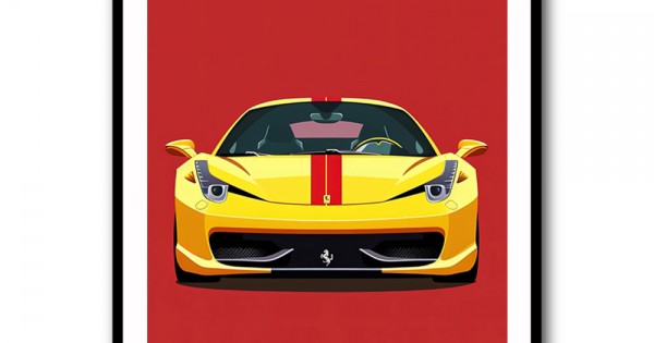 Ferrari 458 Yellow on Red Poster Style Wall Art