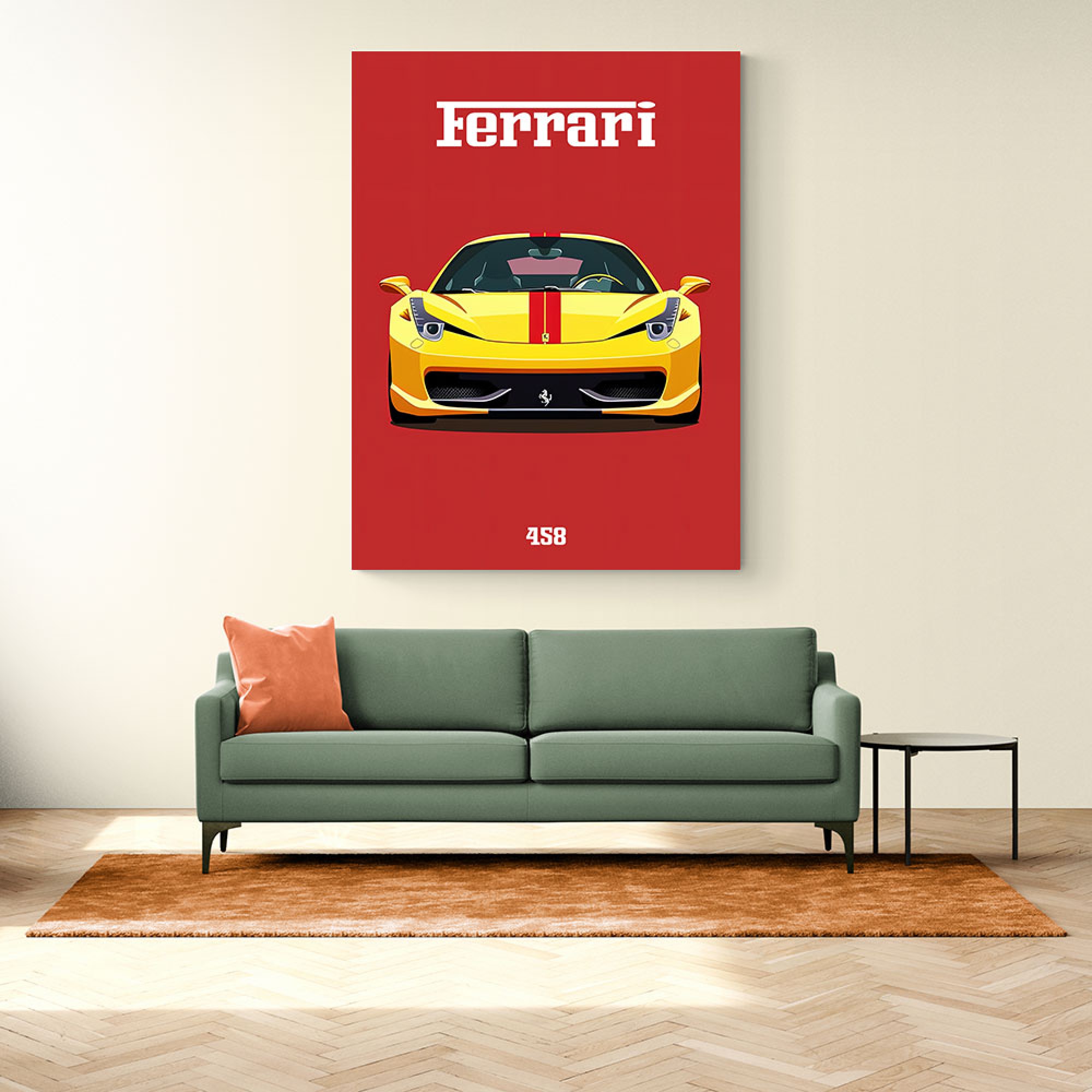 Ferrari 458 Yellow on Red Poster Style Wall Art