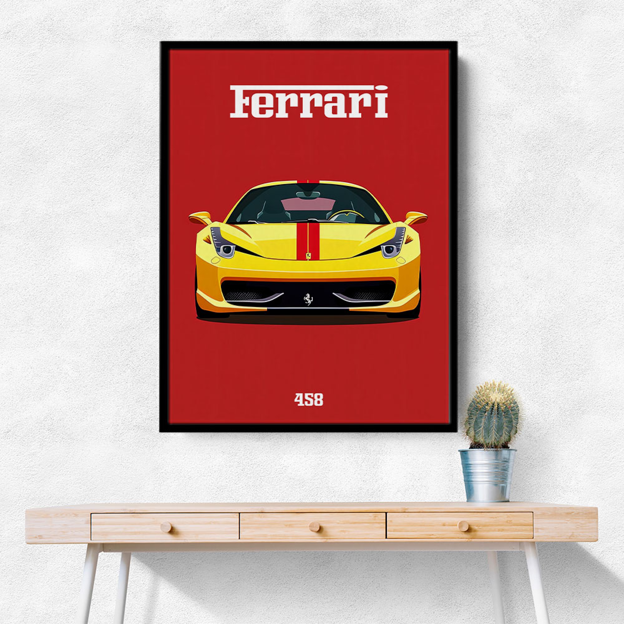 Ferrari 458 Yellow on Red Poster Style Wall Art