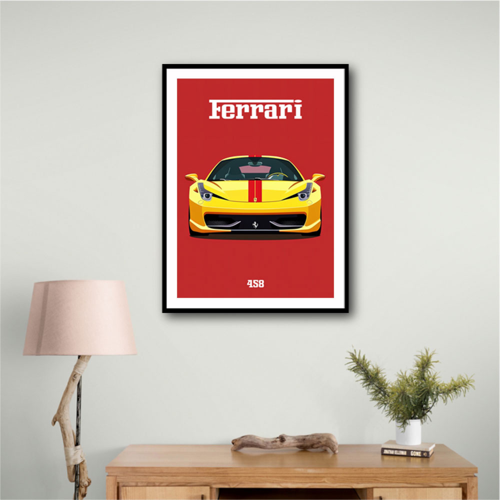 Ferrari 458 Yellow on Red Poster Style Wall Art
