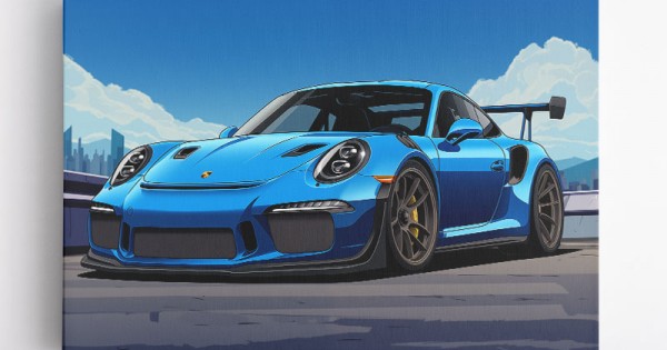 Blue Porsche 911 GT3 RS Cartoon Style Wall Art