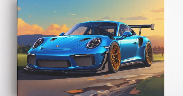 Blue Porsche 911 GT3 RS Cartoon Style 2 Wall Art