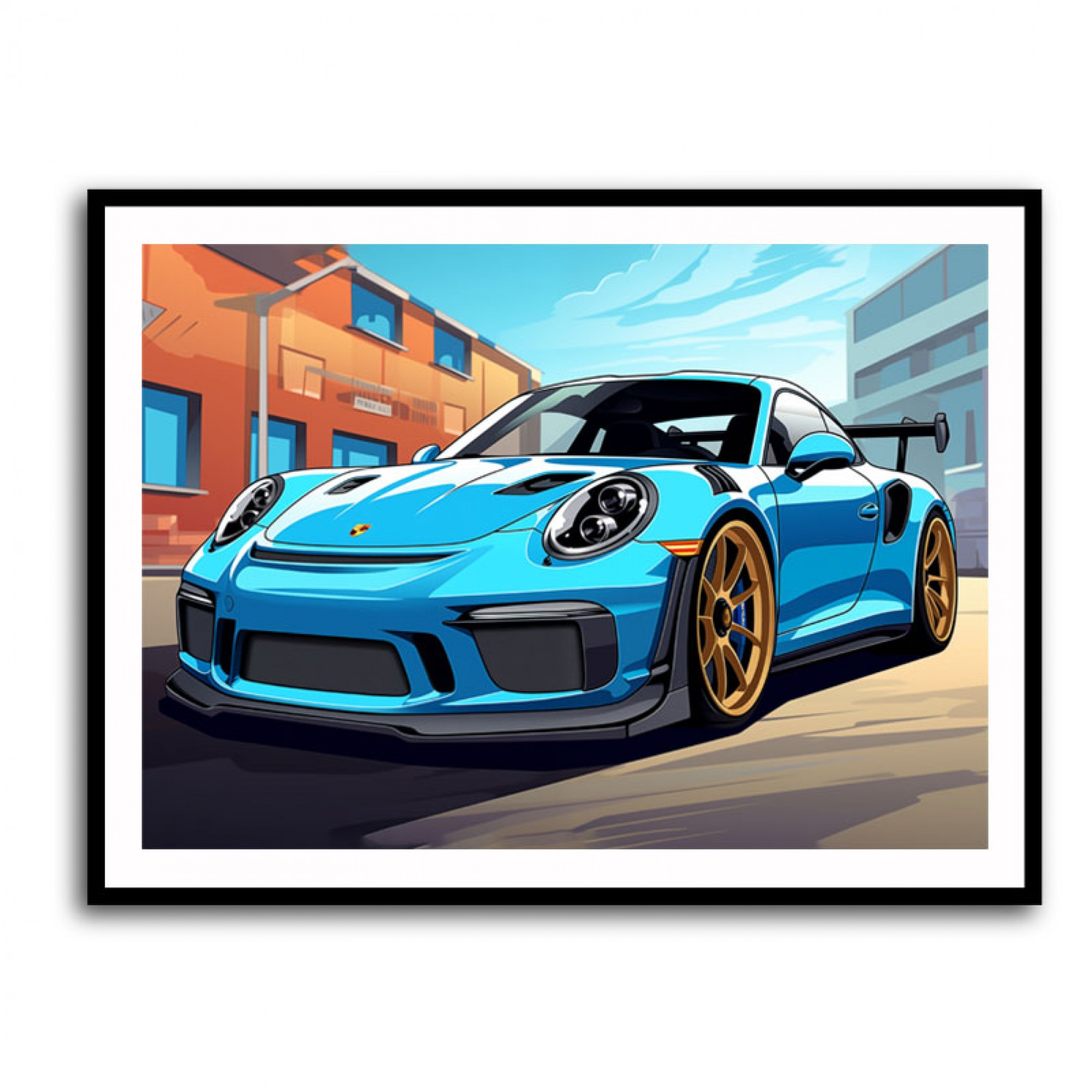 Blue Porsche 911 GT3 RS Cartoon Style 3 Wall Art