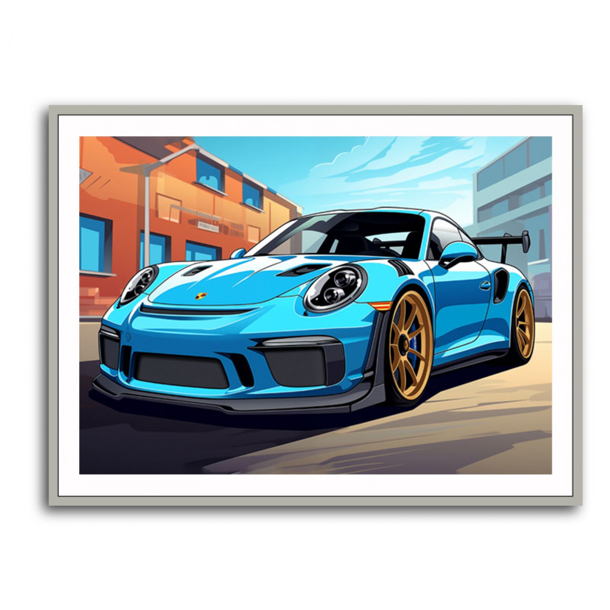Blue Porsche 911 GT3 RS Cartoon Style 3 Wall Art