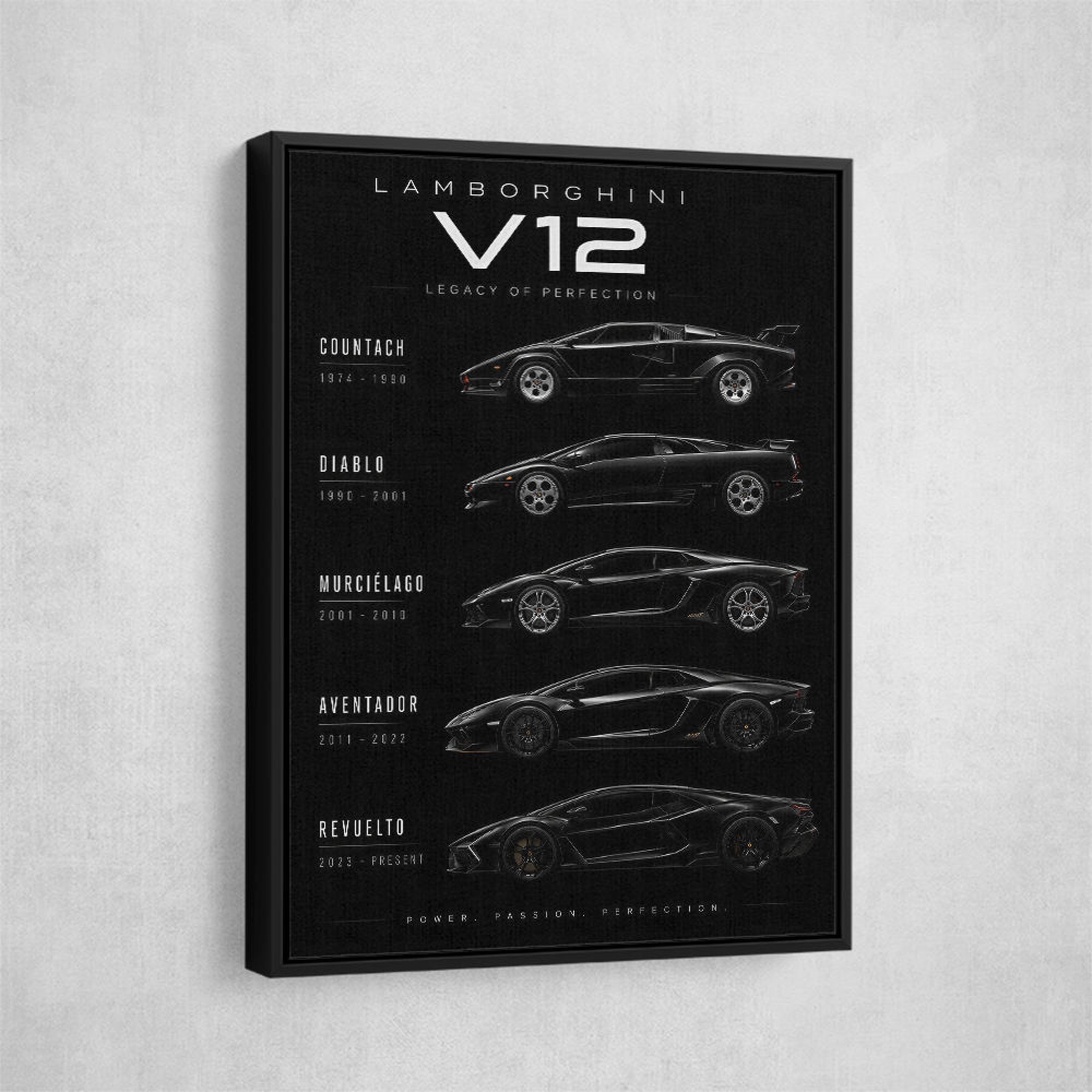 Lamborghini V12 Generations Black Cars Art Print | Supercar Wall Art UAE