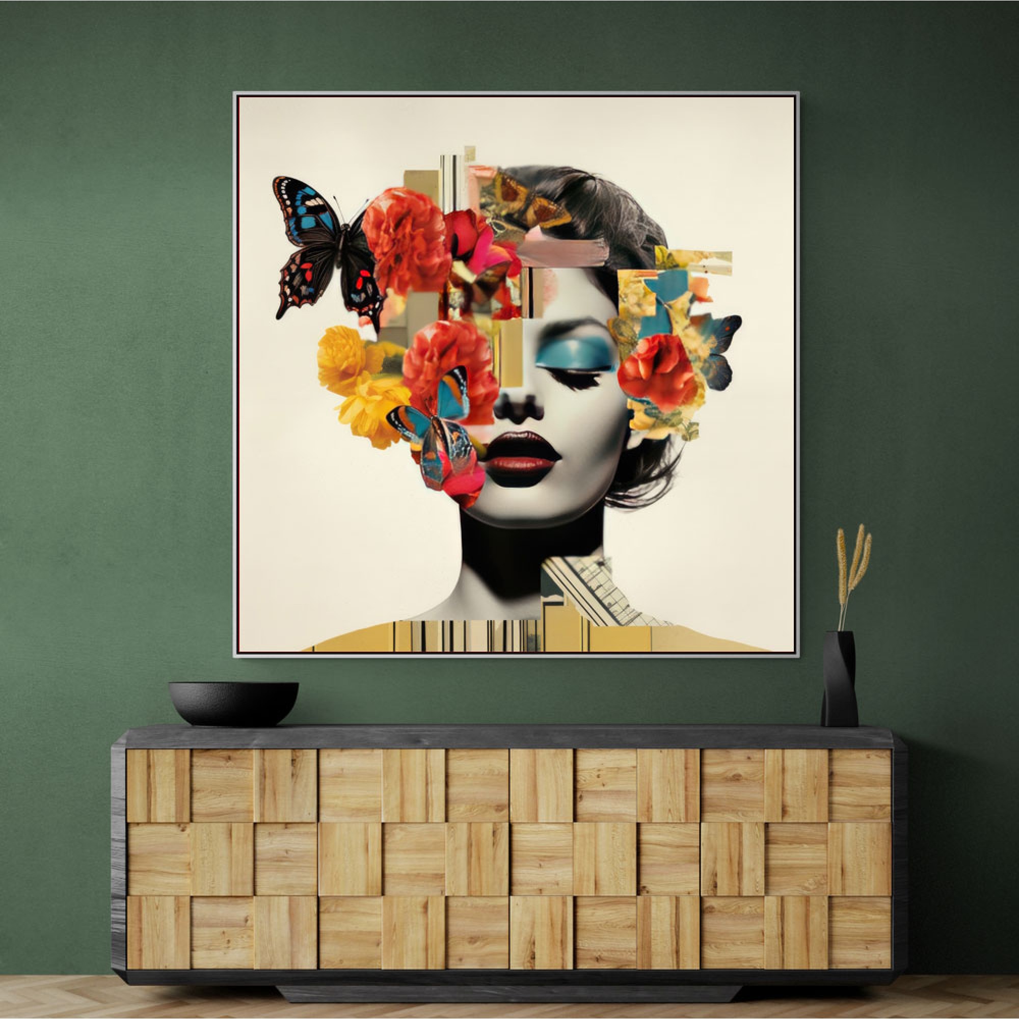 Flowers & Butterfly Face Collage Wall Art