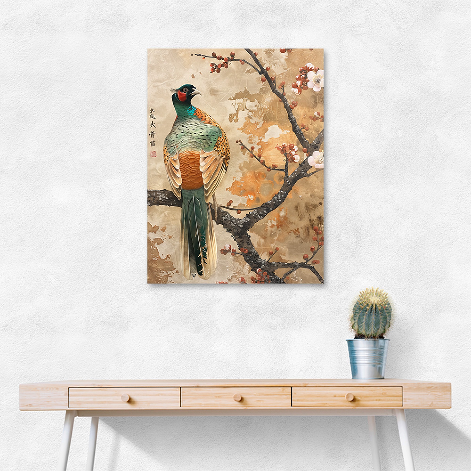 Japanese Green Pheasant Japandi Style Wall Art