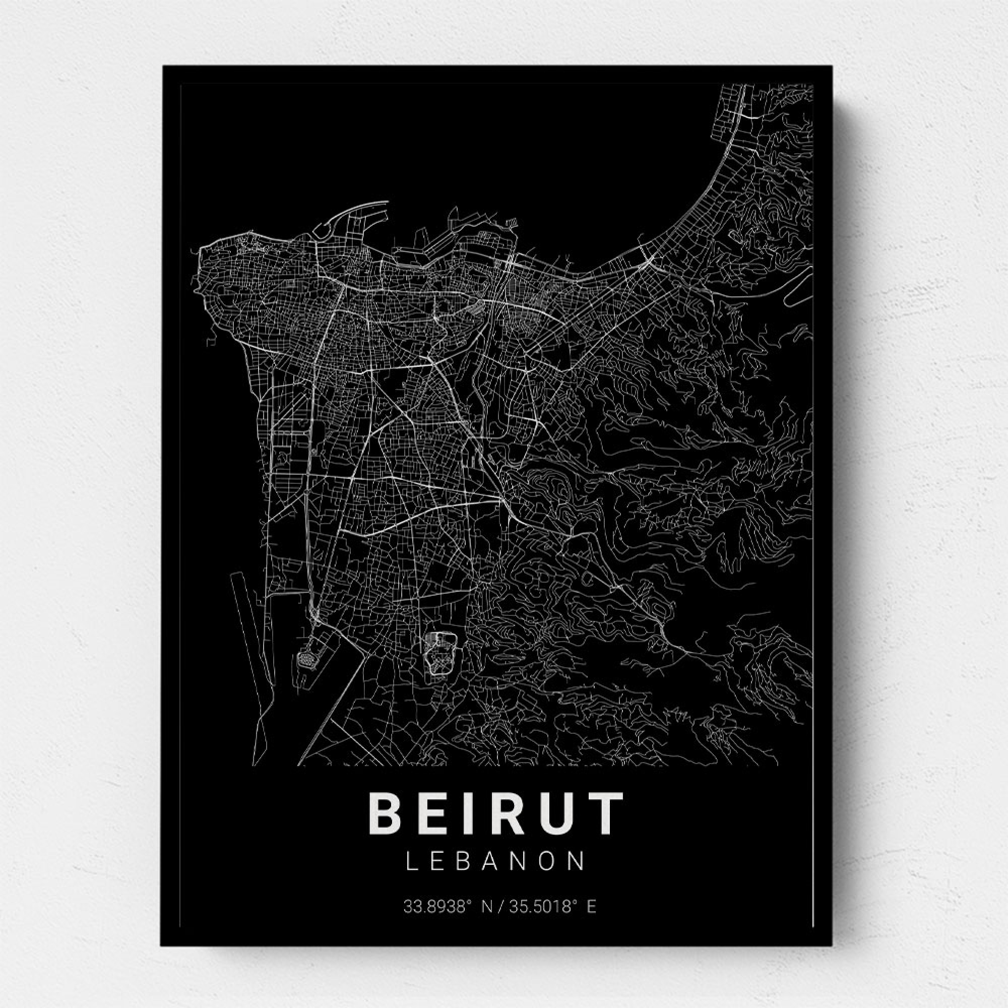 Beirut City Map Black Wall Art
