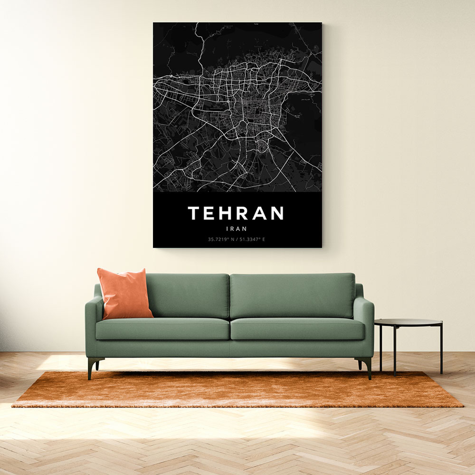 Tehran City Map Black Wall Art