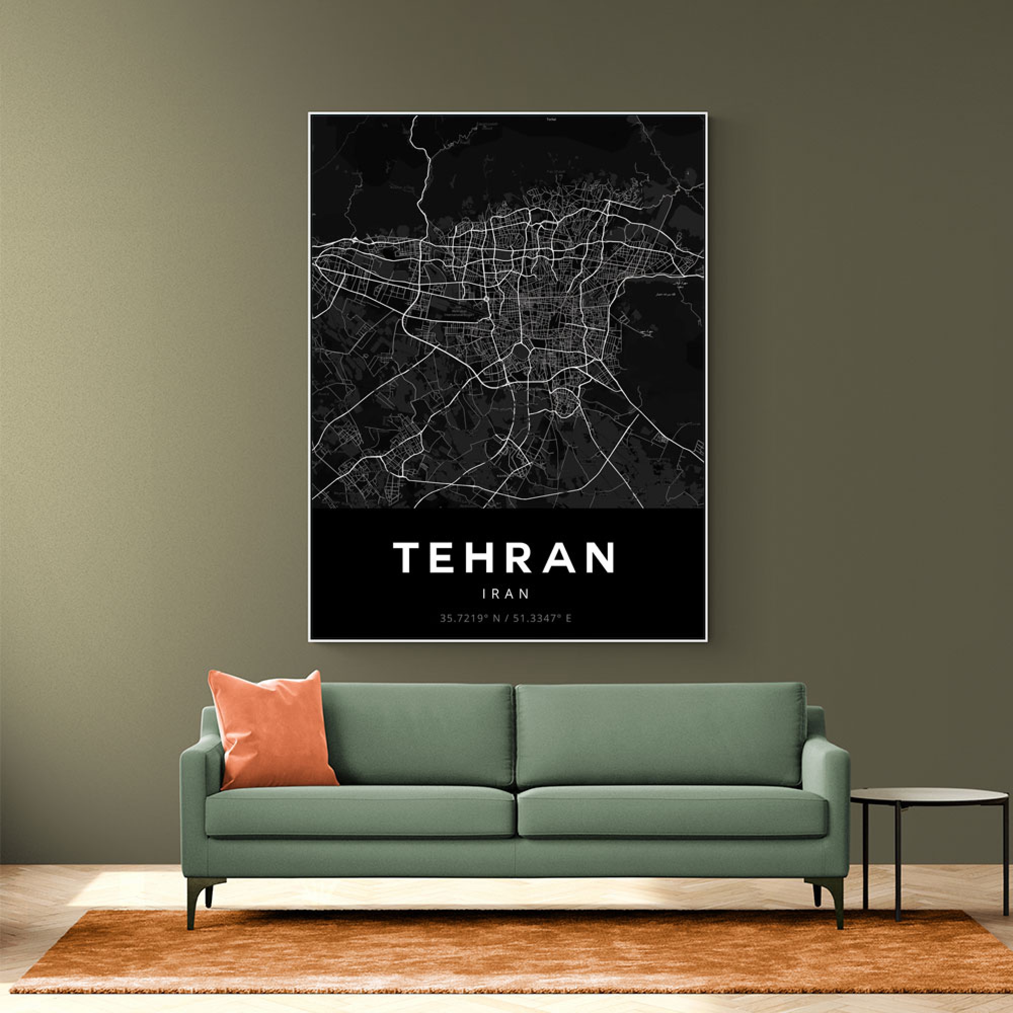 Tehran City Map Black Wall Art