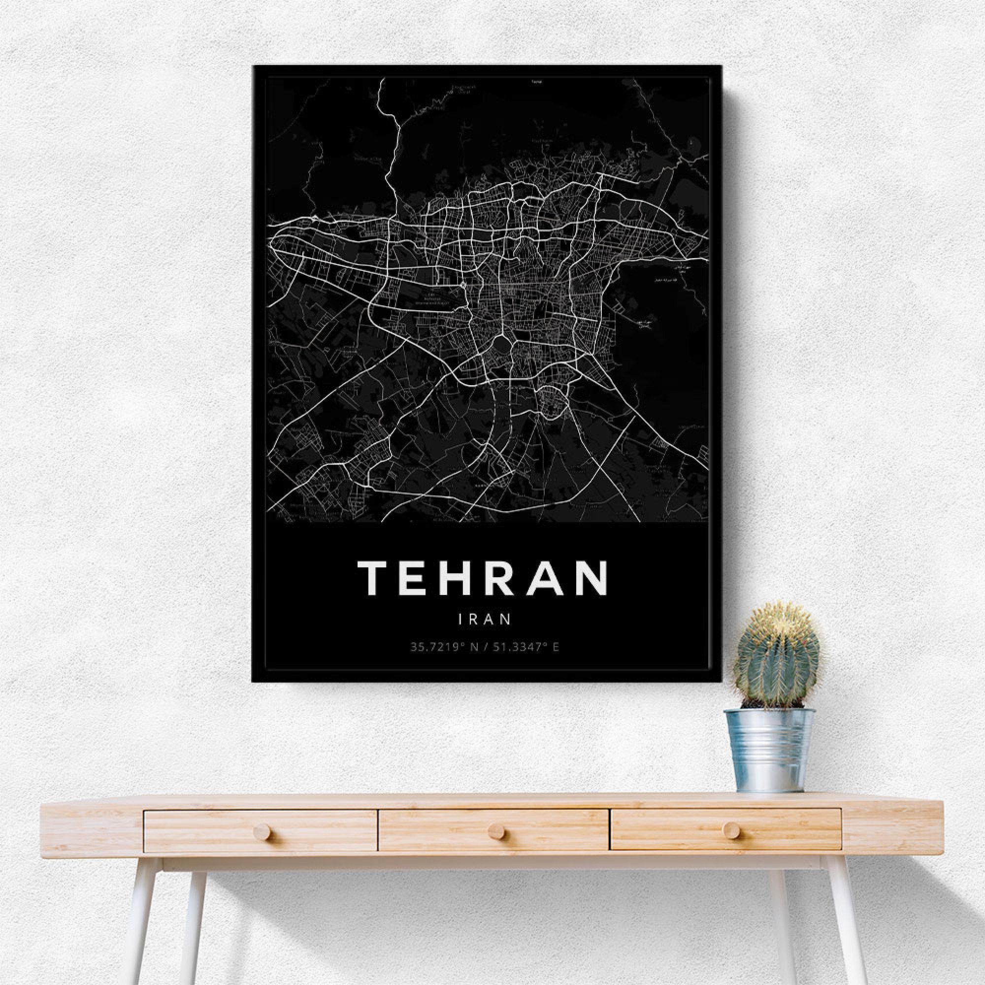 Tehran City Map Black Wall Art