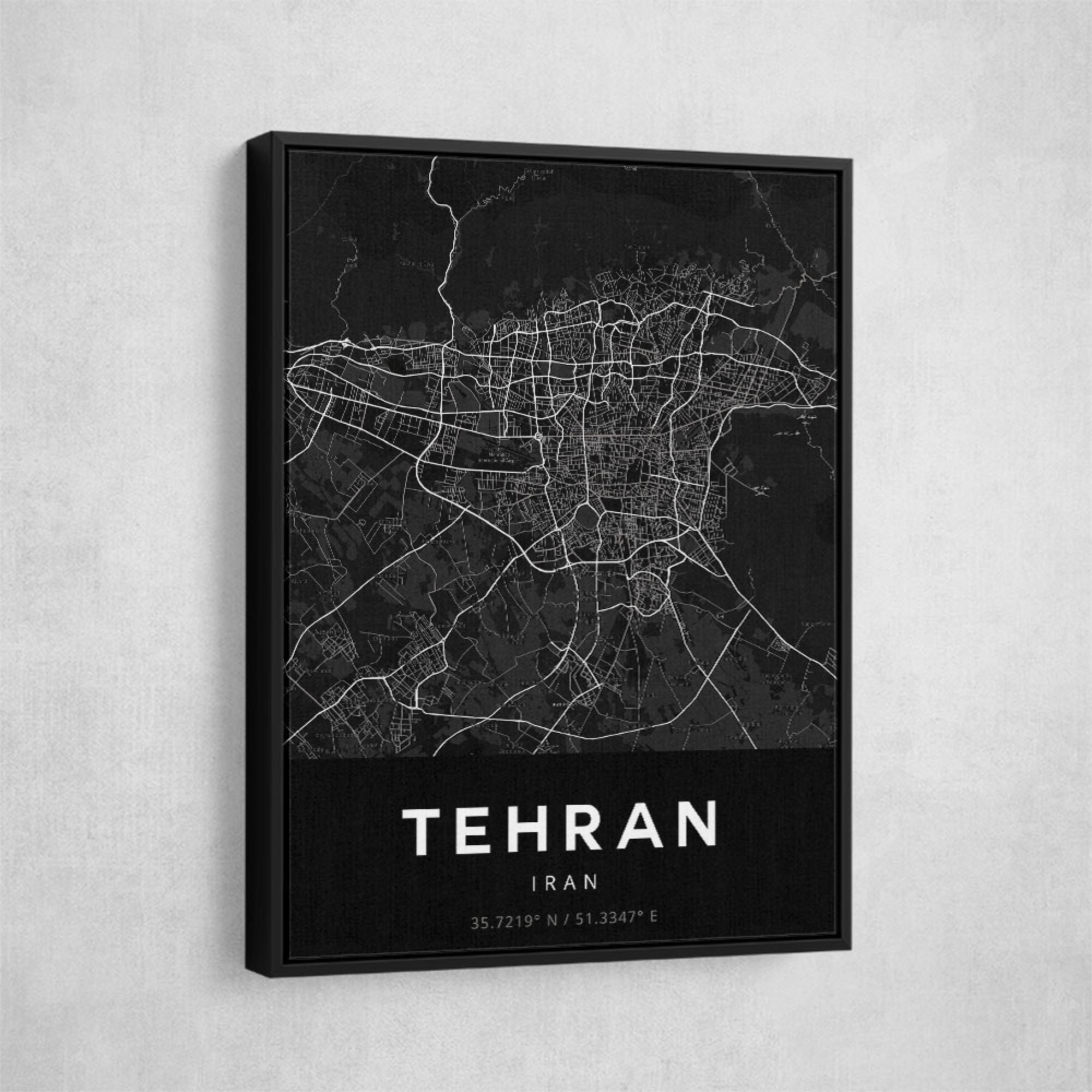 Tehran City Map Black Wall Art