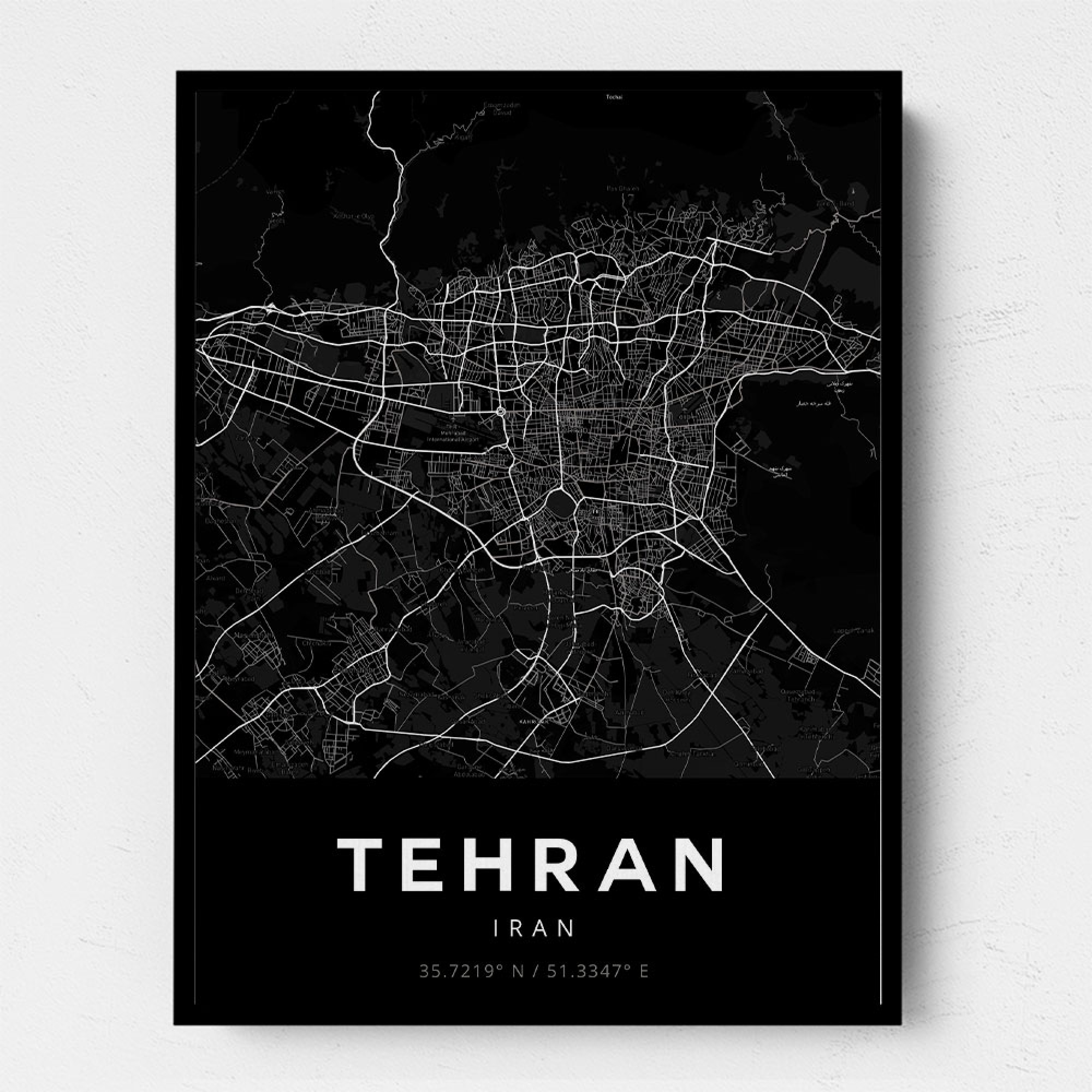 Tehran City Map Black Wall Art