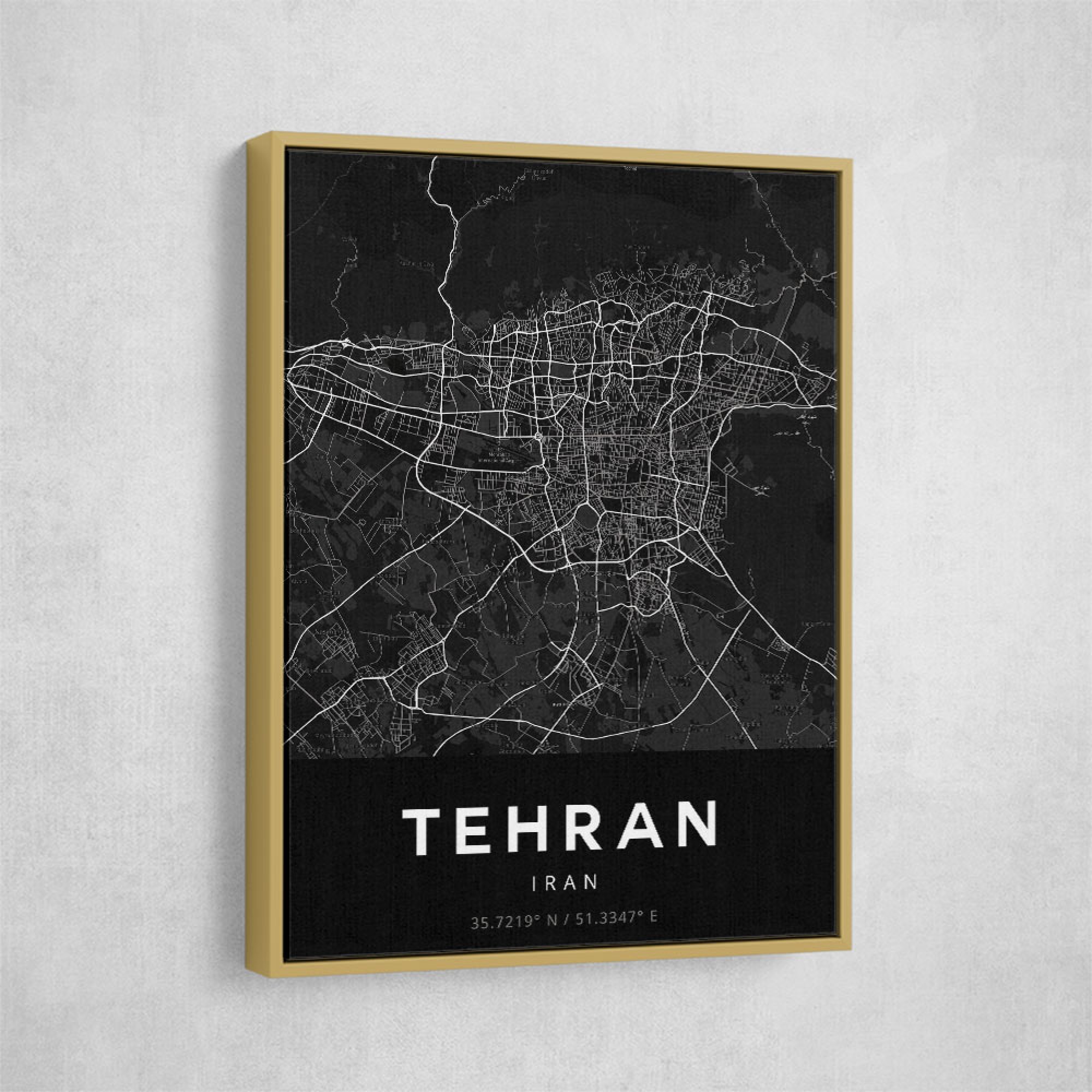 Tehran City Map Black Wall Art