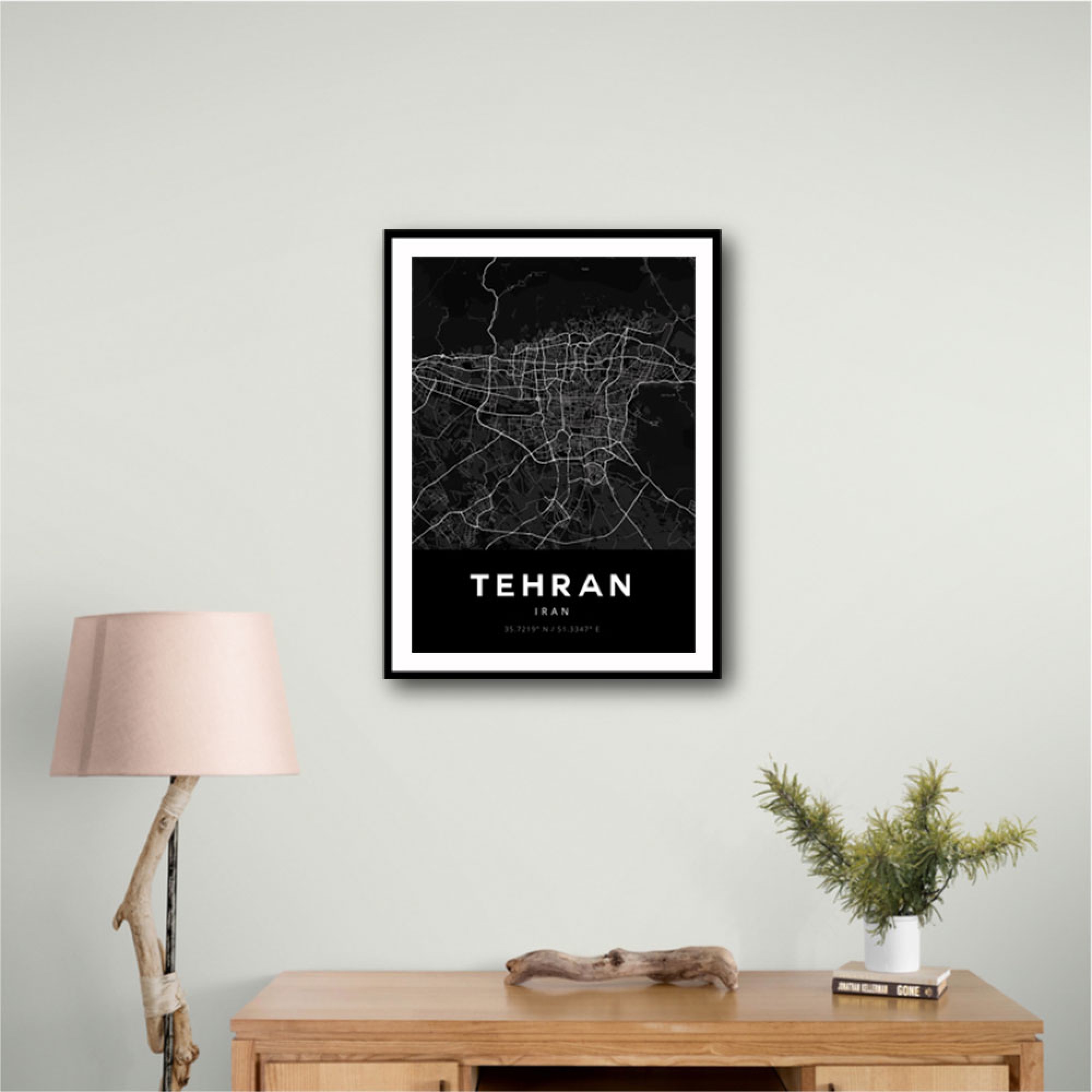 Tehran City Map Black Wall Art