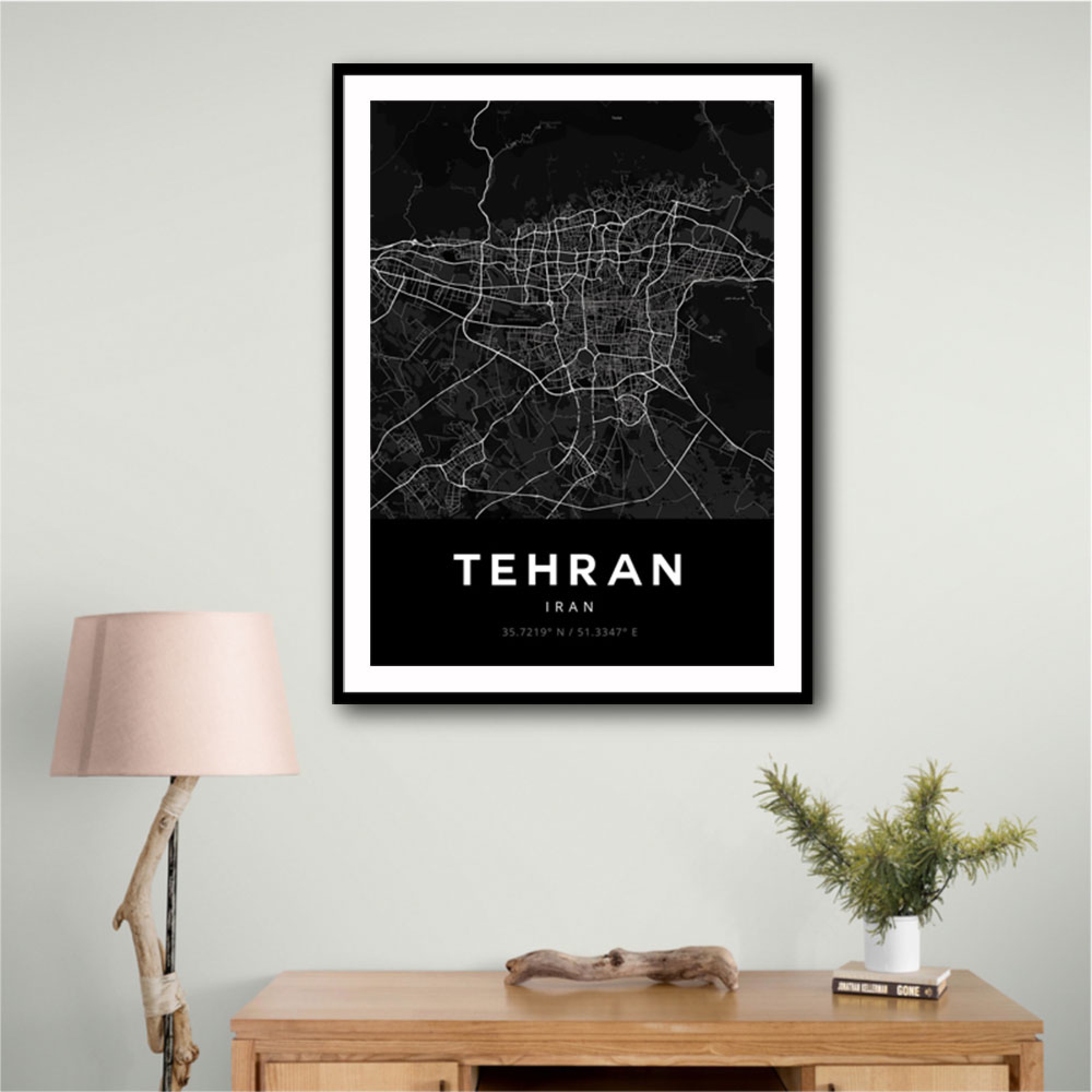 Tehran City Map Black Wall Art