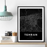 Tehran City Map Black Wall Art