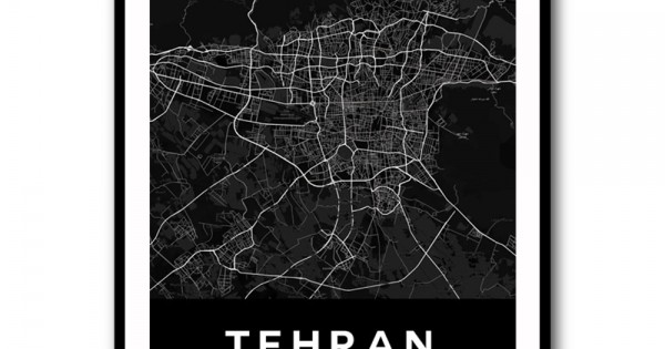 Tehran City Map Black Wall Art