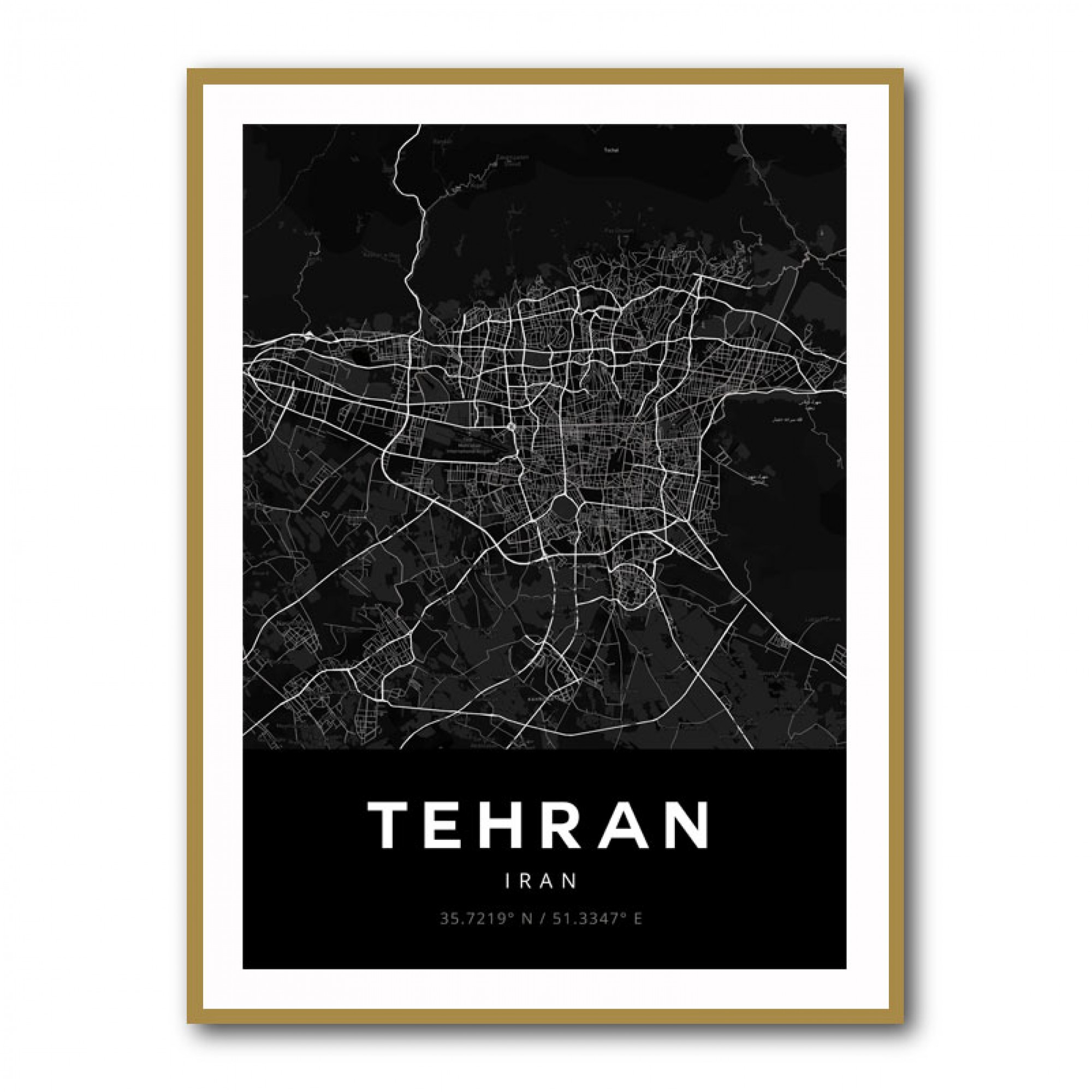 Tehran City Map Black Wall Art