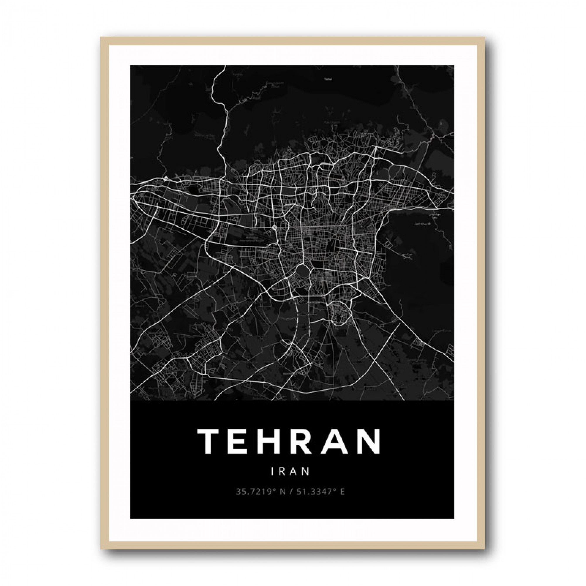 Tehran City Map Black Wall Art