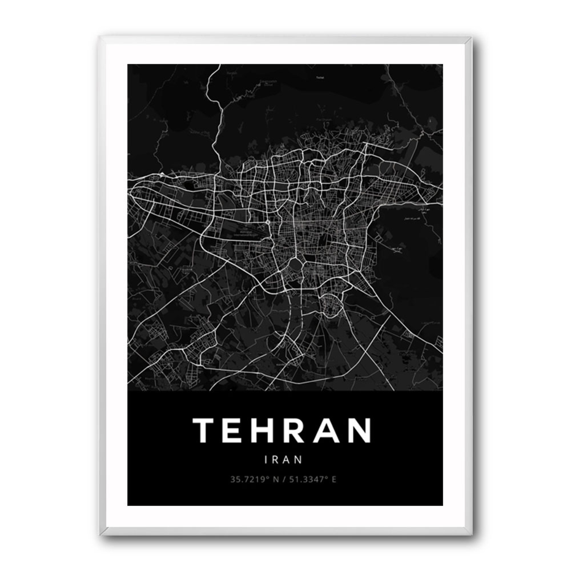 Tehran City Map Black Wall Art