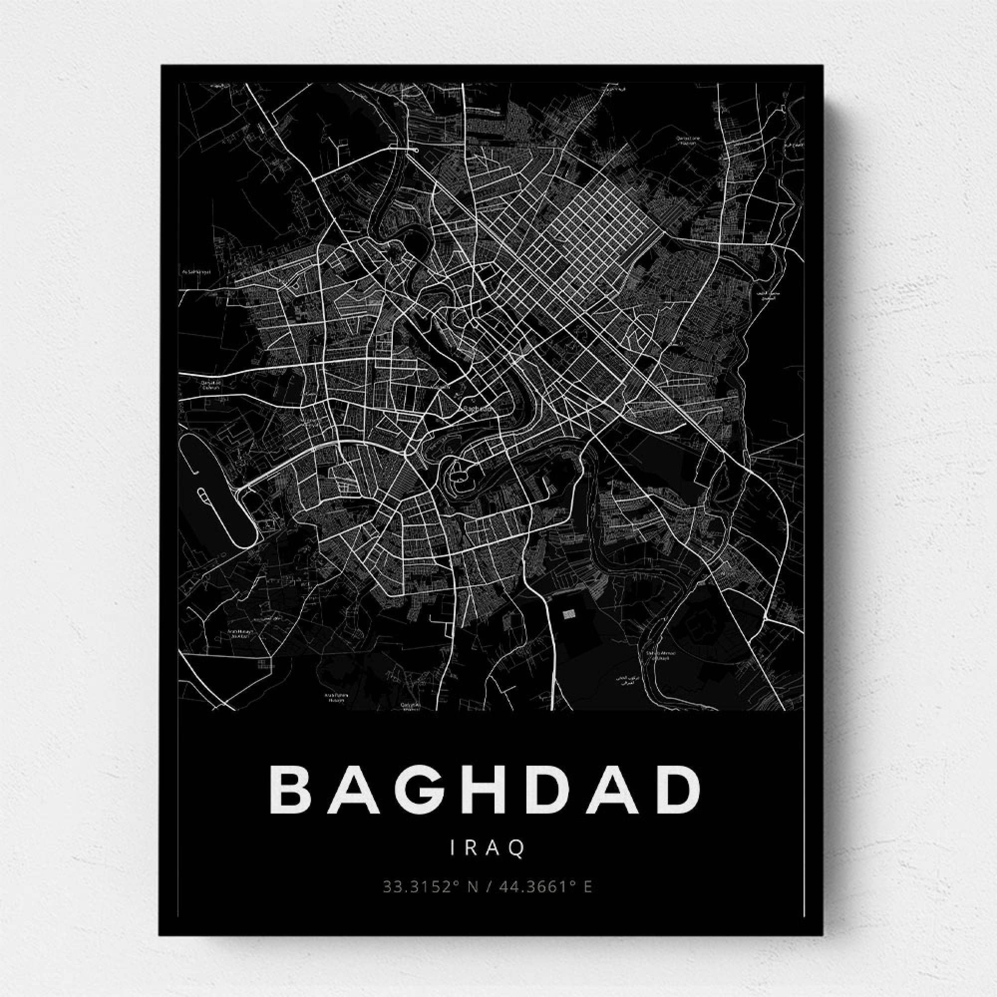 Baghdad City Map - Black Wall Art