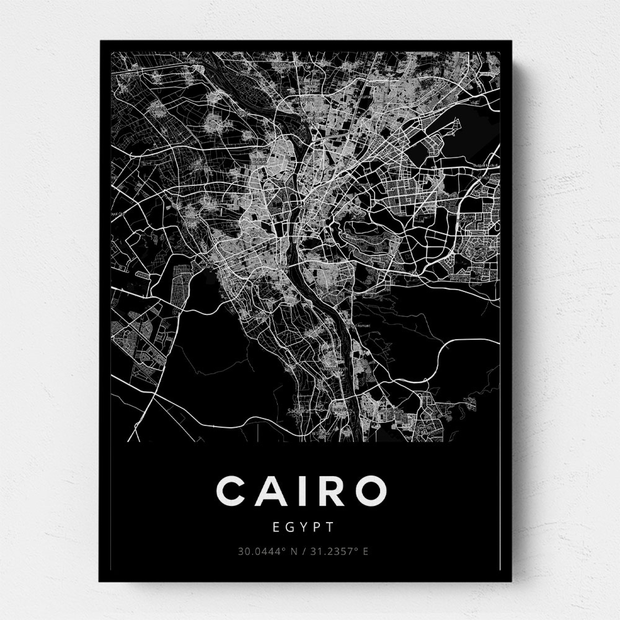 Cairo City Map - Black Wall Art