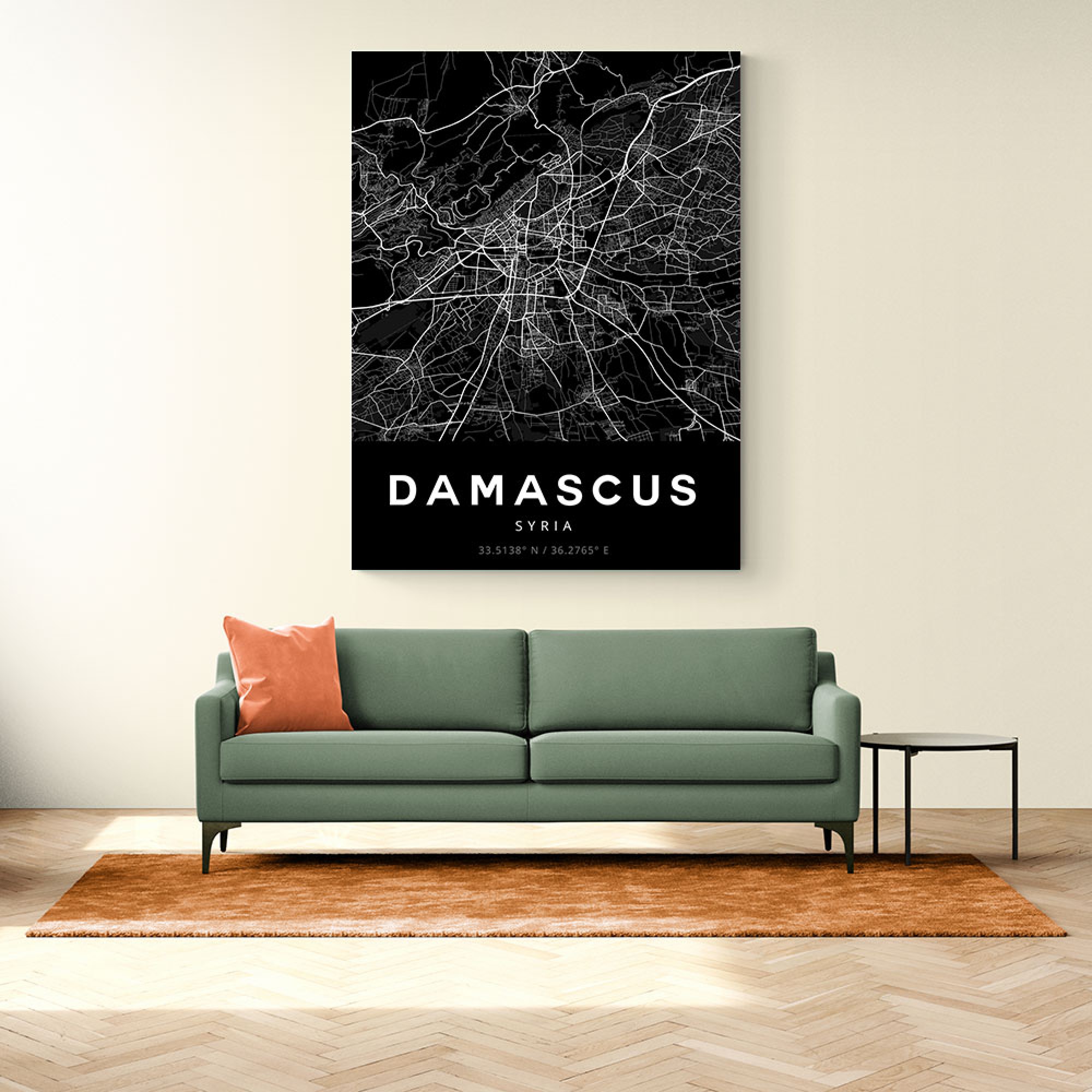 Damascus City Map - Black Wall Art