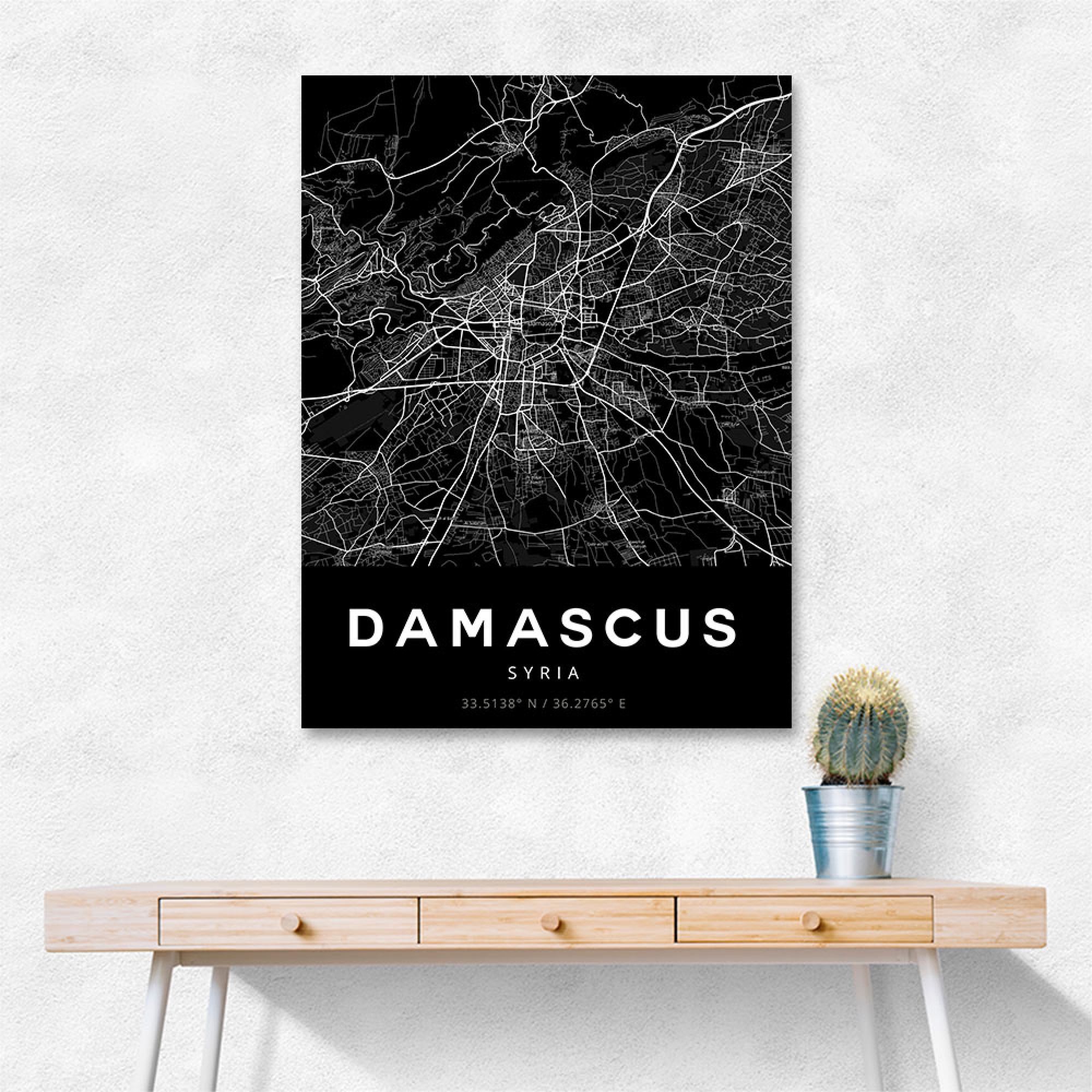 Damascus City Map - Black Wall Art