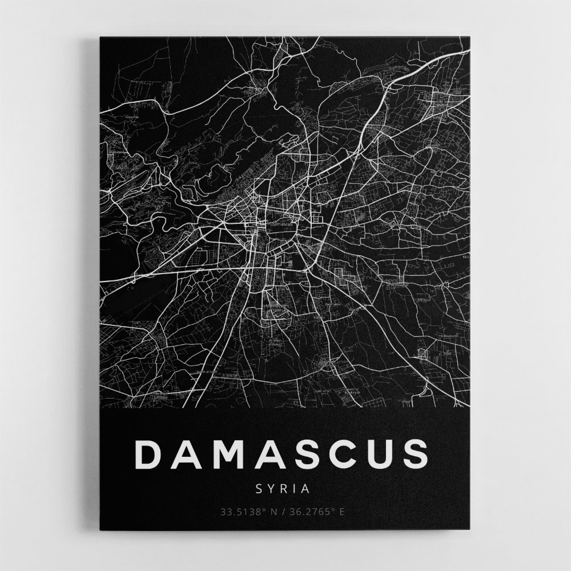 Damascus City Map - Black Wall Art