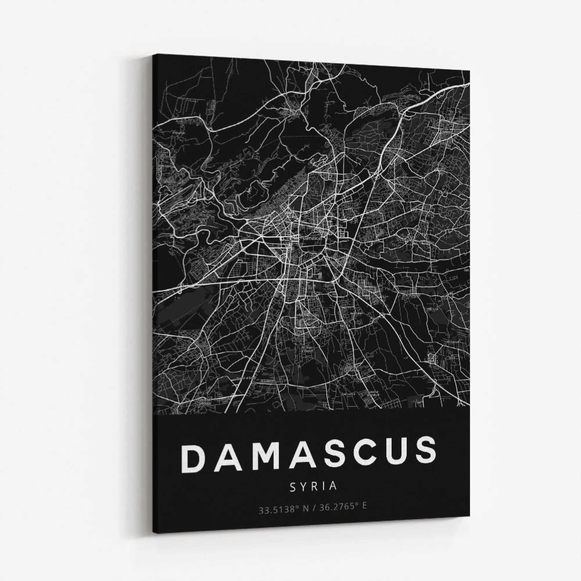 Damascus City Map - Black Wall Art