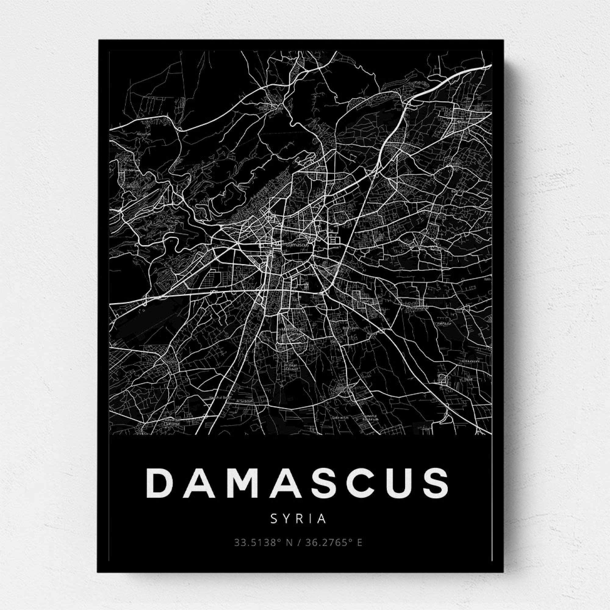 Damascus City Map - Black Wall Art
