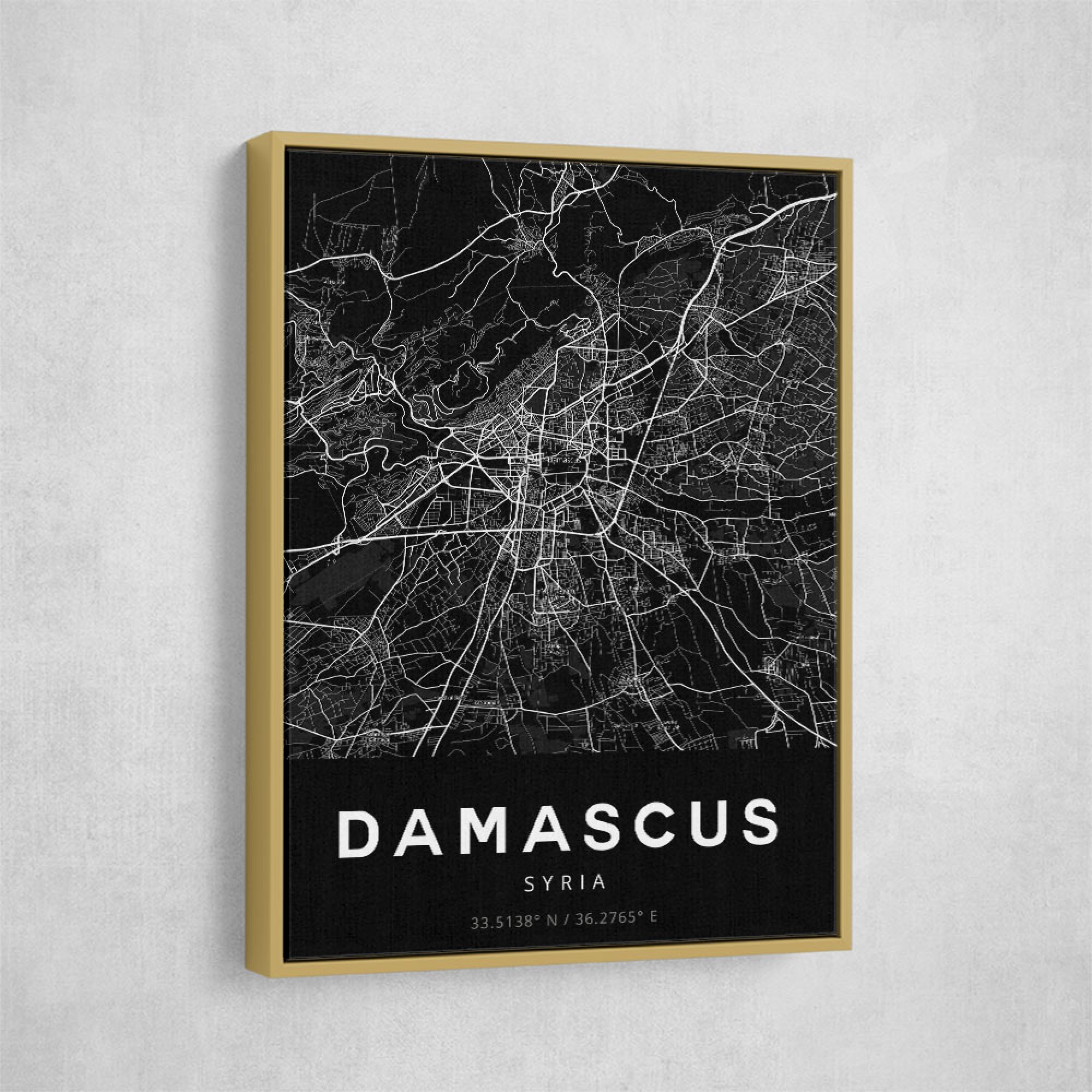 Damascus City Map - Black Wall Art