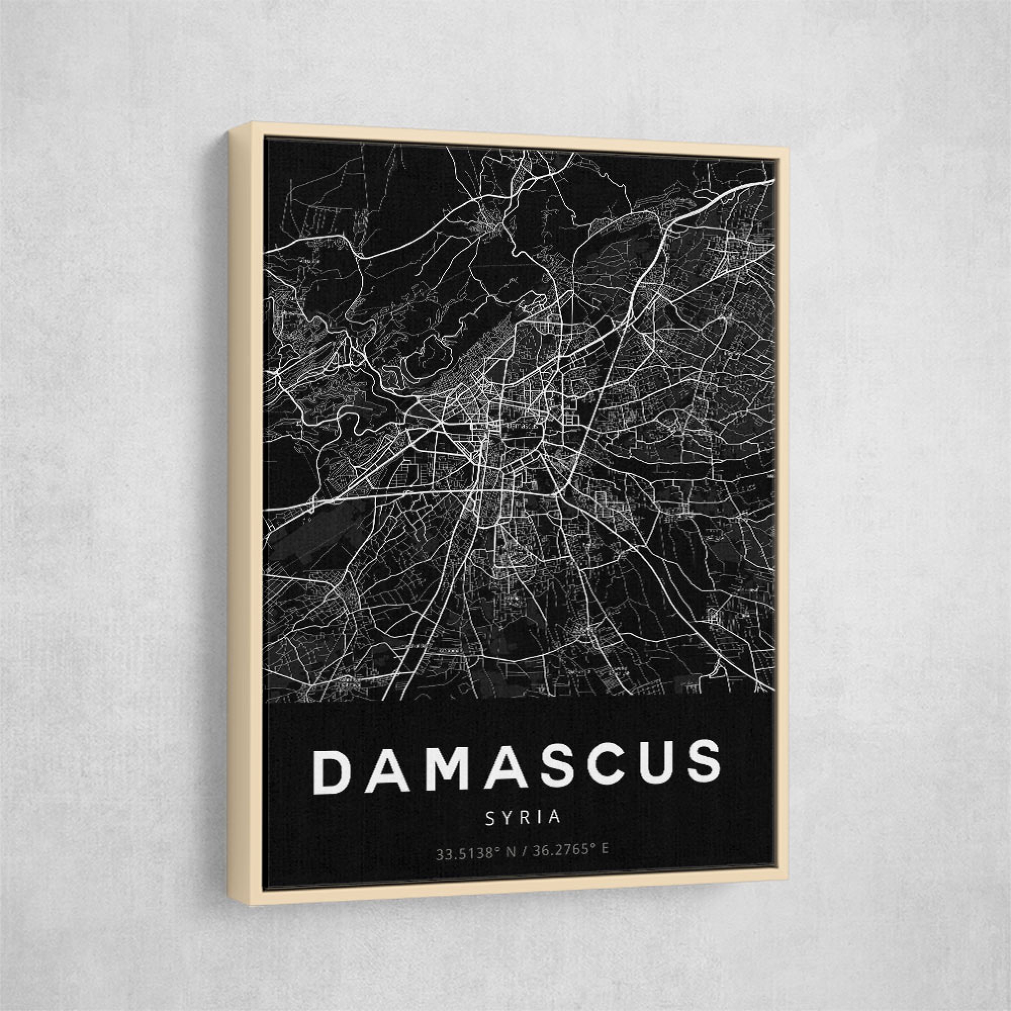 Damascus City Map - Black Wall Art