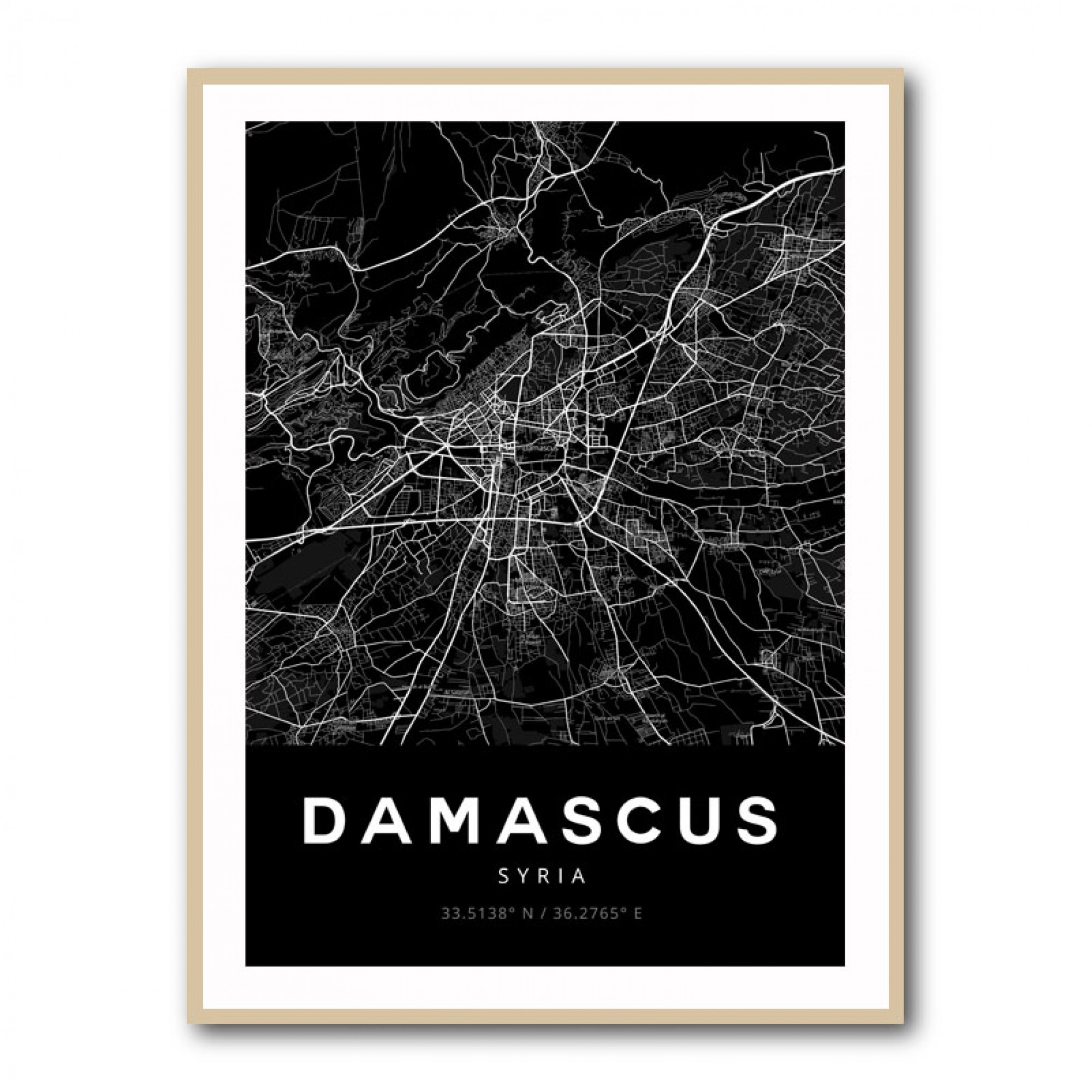 Damascus City Map - Black Wall Art