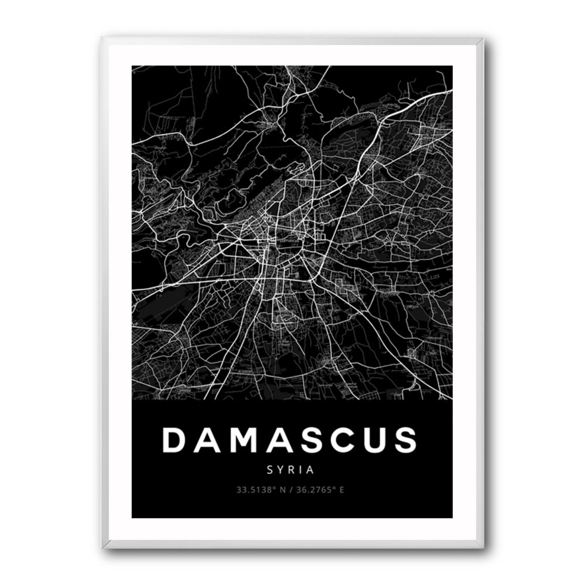 Damascus City Map - Black Wall Art