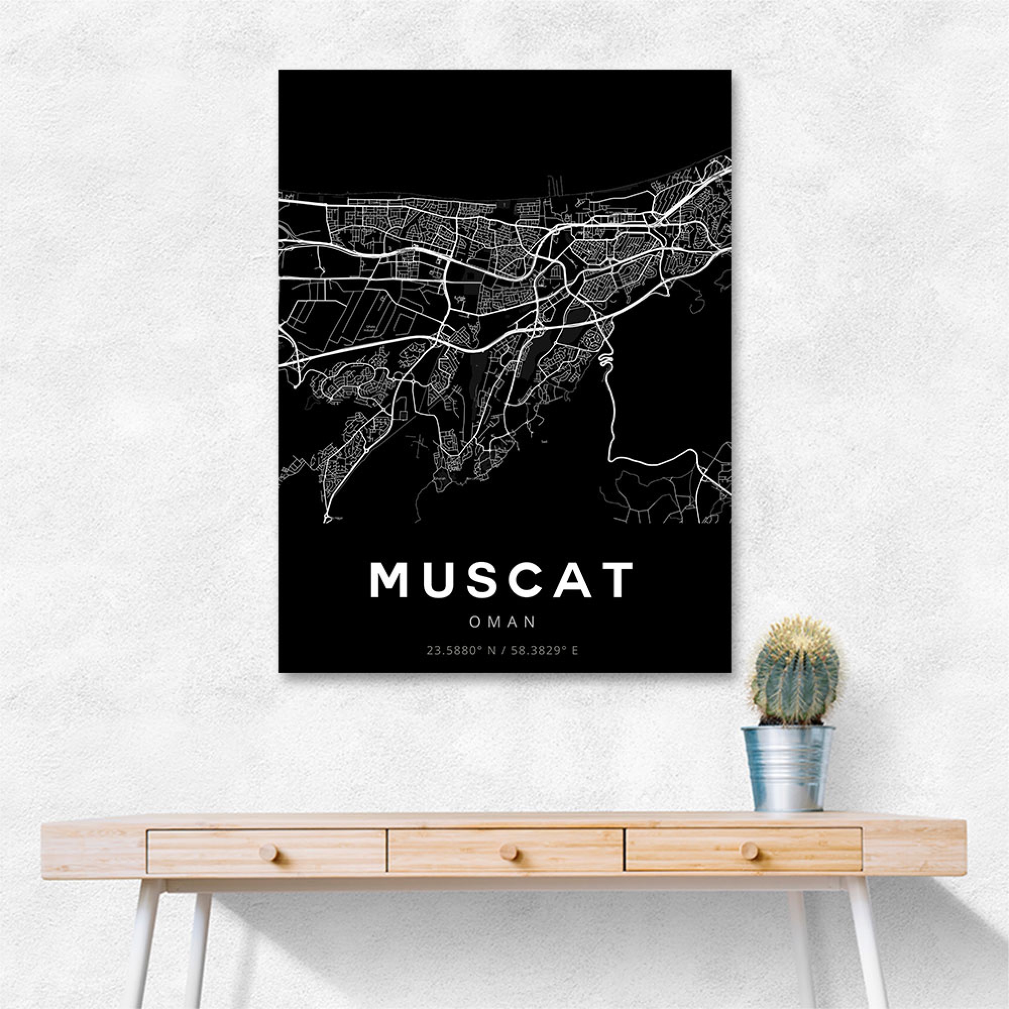 Muscat City Map - Black Wall Art
